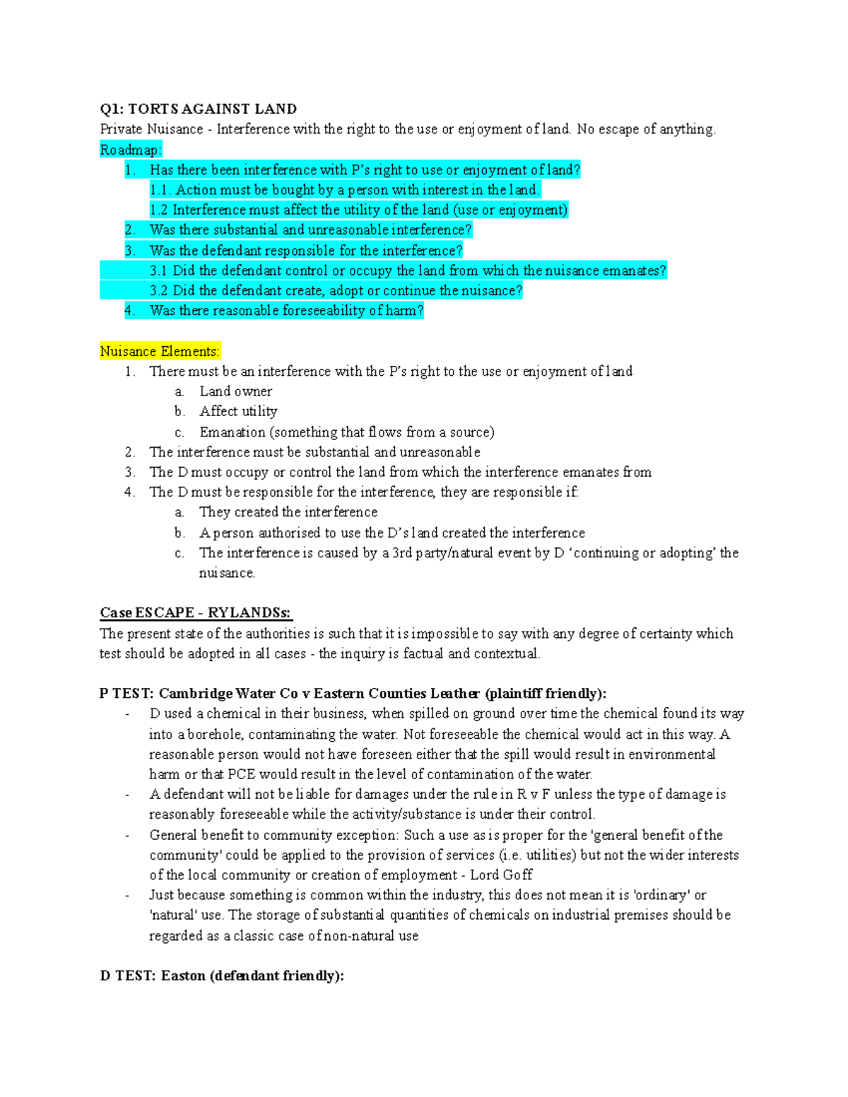 Tort Exam Roadmaps - Q1: TORTS AGAINST LAND Private Nuisance ...