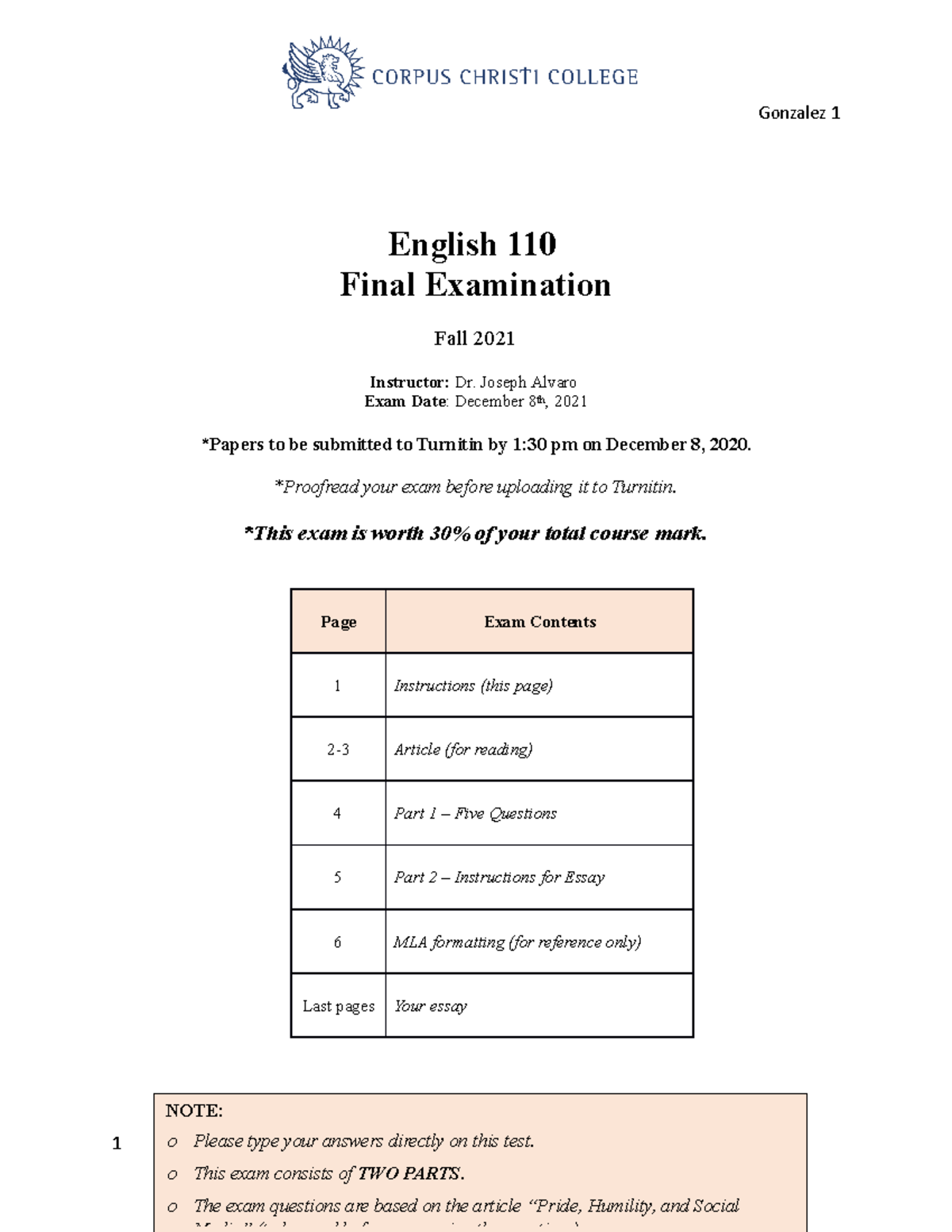 Final EXAM ENGL 110.J Alvaro kk - English 110 Final Examination Fall ...