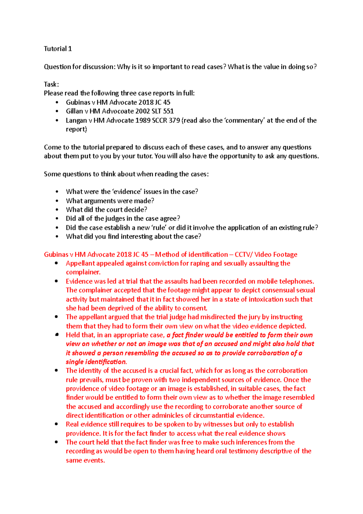 Tutorial 1 Answered - Evidence in criminal cases - Tutorial 1 Quesion ...
