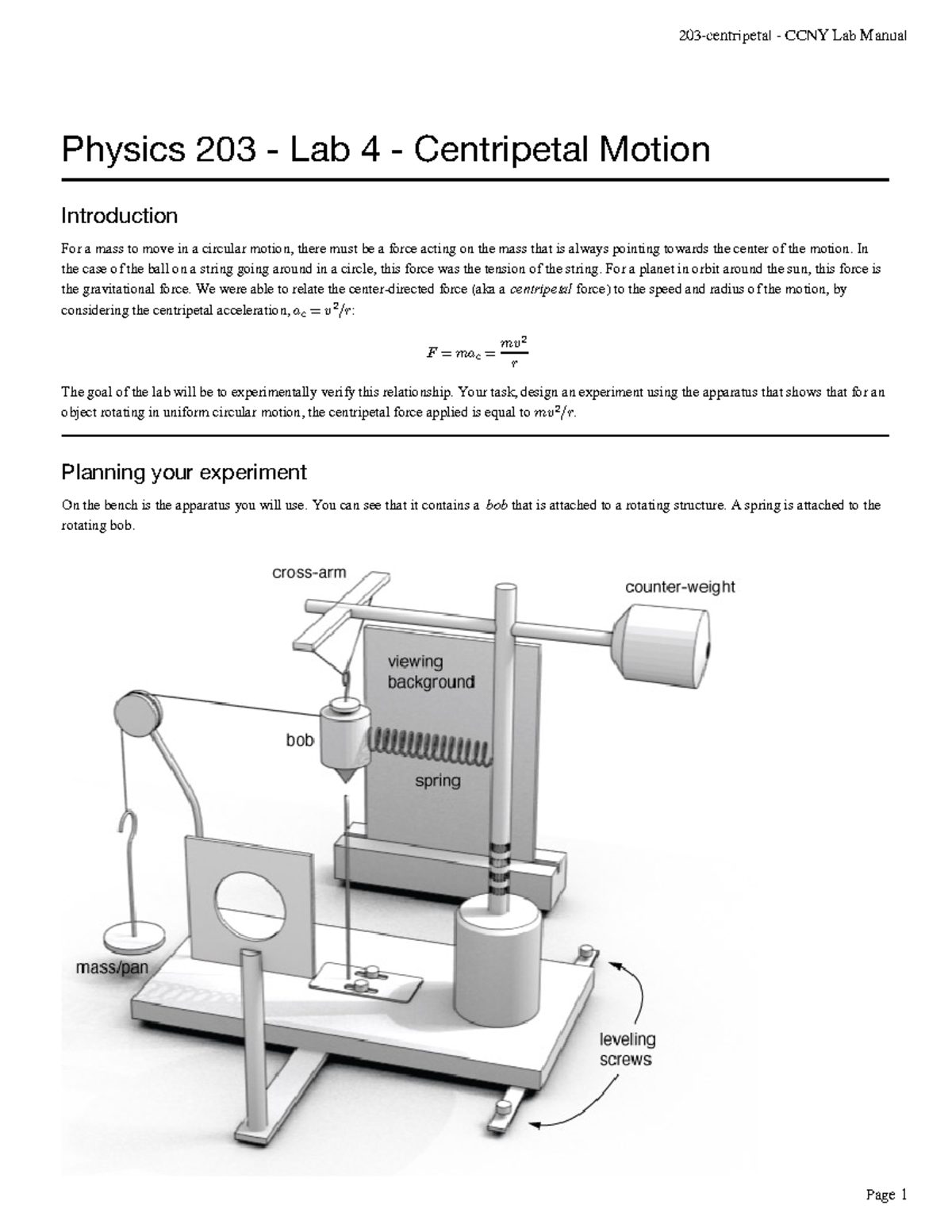 Physics 203 -Lab 4 - centripetal force - Physics 203 - Lab 4 - Centripetal Motion Introduction ...