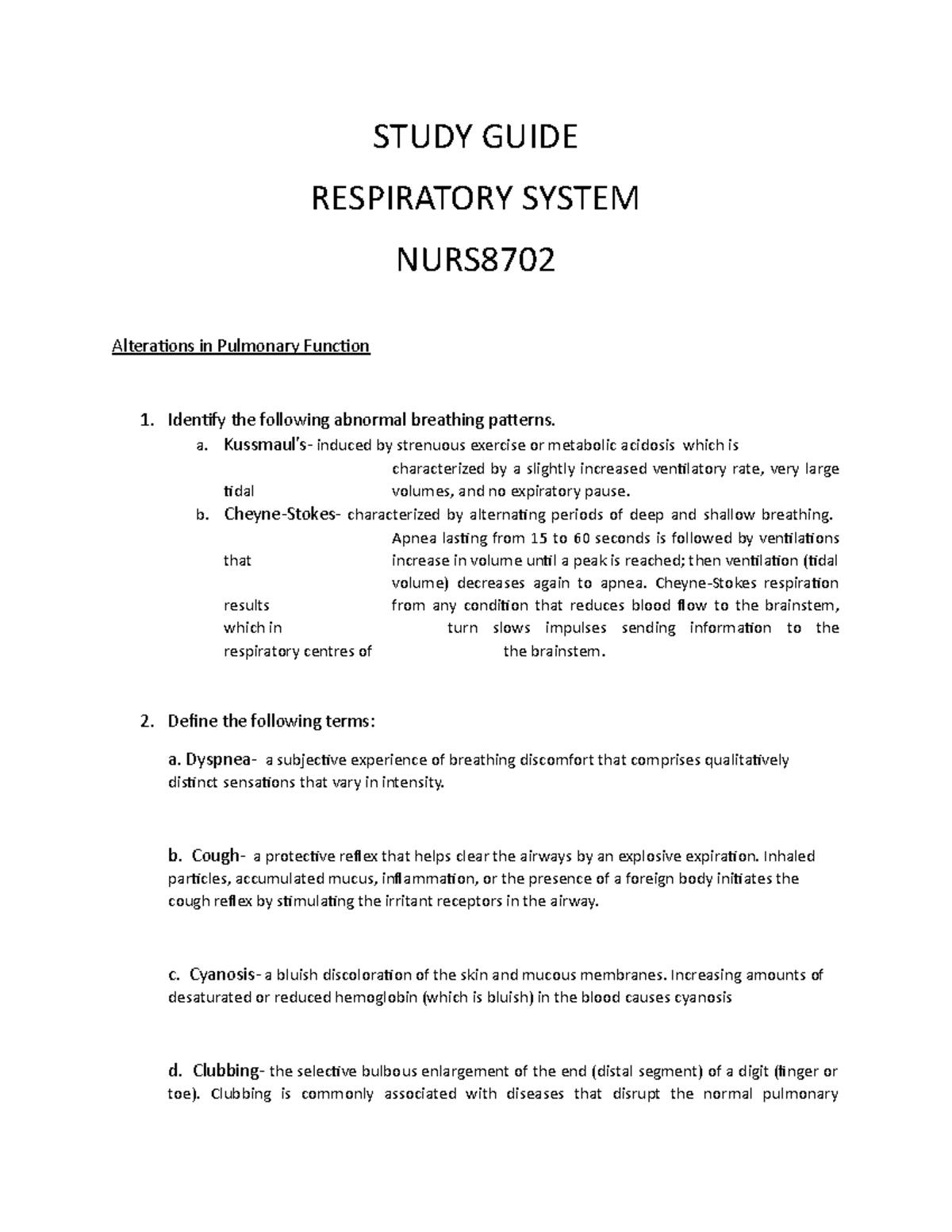 Week 13 - Resp Study Guide - STUDY GUIDE RESPIRATORY SYSTEM NURS ...