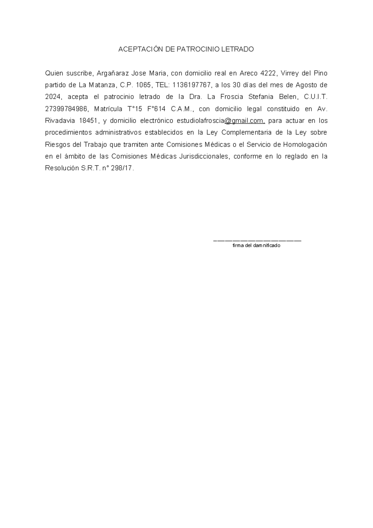 Aceptación DE Patrocinio Letrado - ACEPTACIÓN DE PATROCINIO LETRADO ...