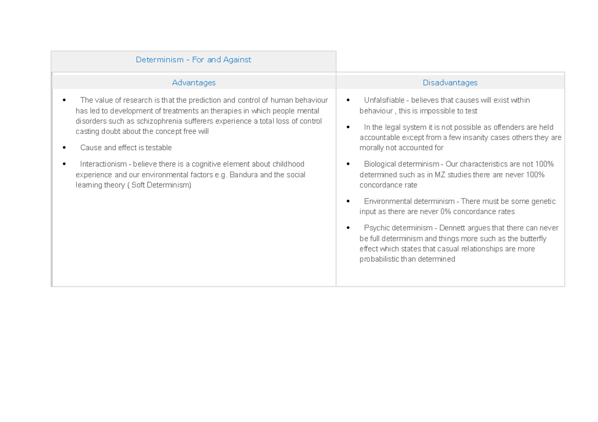 Determinism A03 - Psych - Determinism - For and Against Advantages The ...