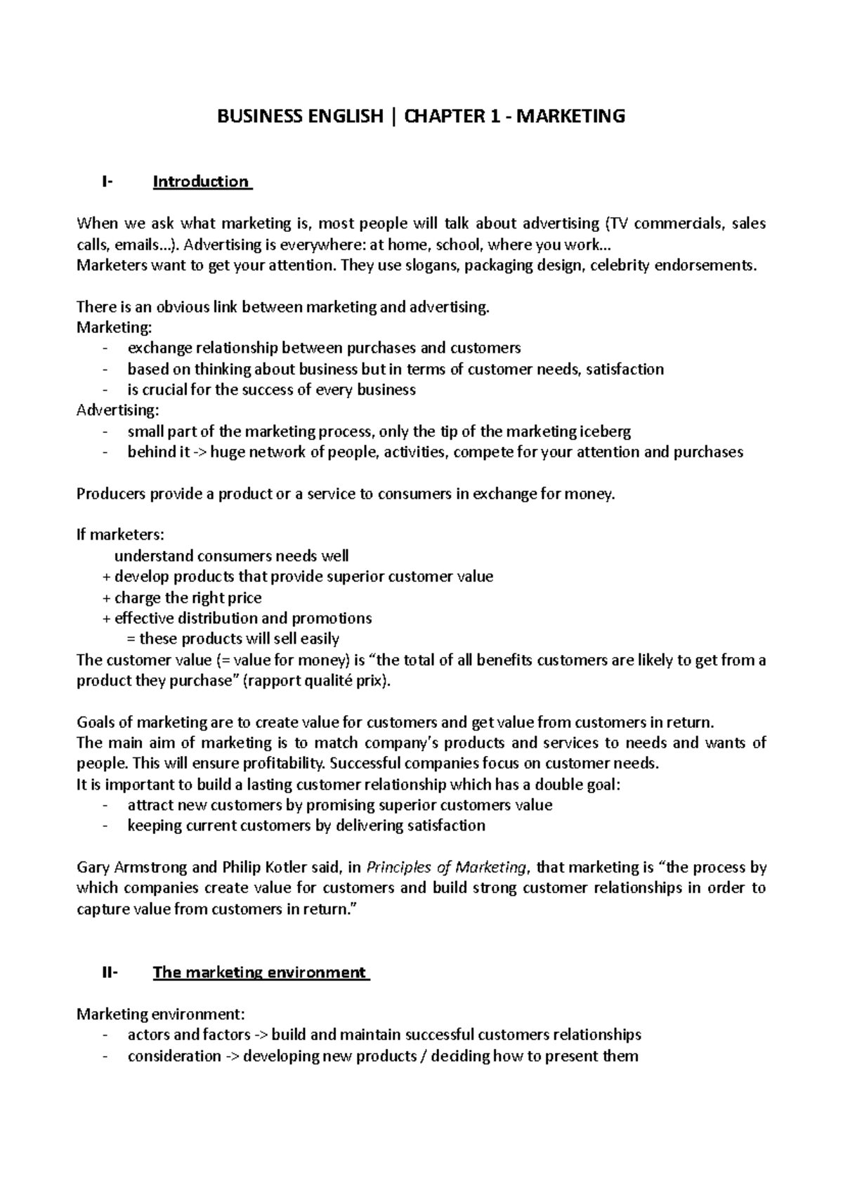 B.E. - cours - BUSINESS ENGLISH | CHAPTER 1 - MARKETING I- Introduction ...