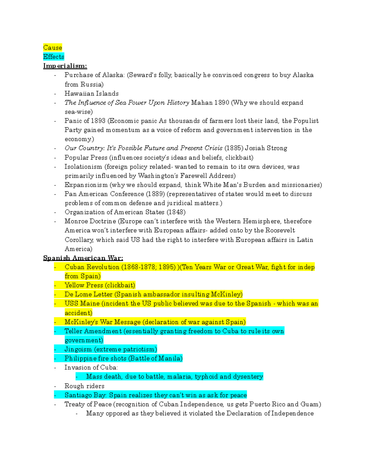 Apush study guide - Cause Effects Imperialism: - Purchase of Alaska ...