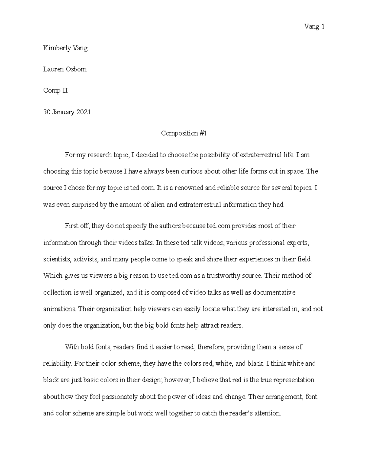 Composition #1 - Essay example for comp II #1 assignment. - Vang 1 ...