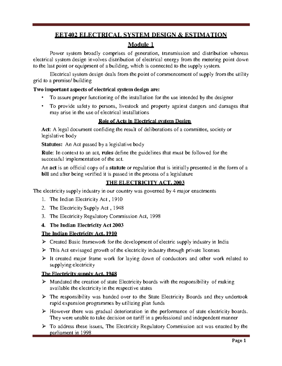 ESD M1 - electrical system design notes - EET402 ELECTRICAL SYSTEM ...