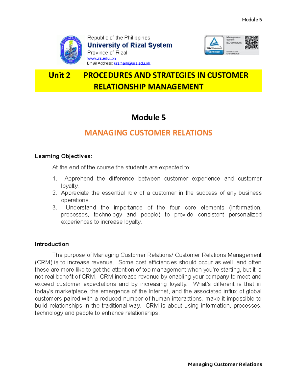 OA 10 Module 5 Managing Customer Relations - Republic of the ...