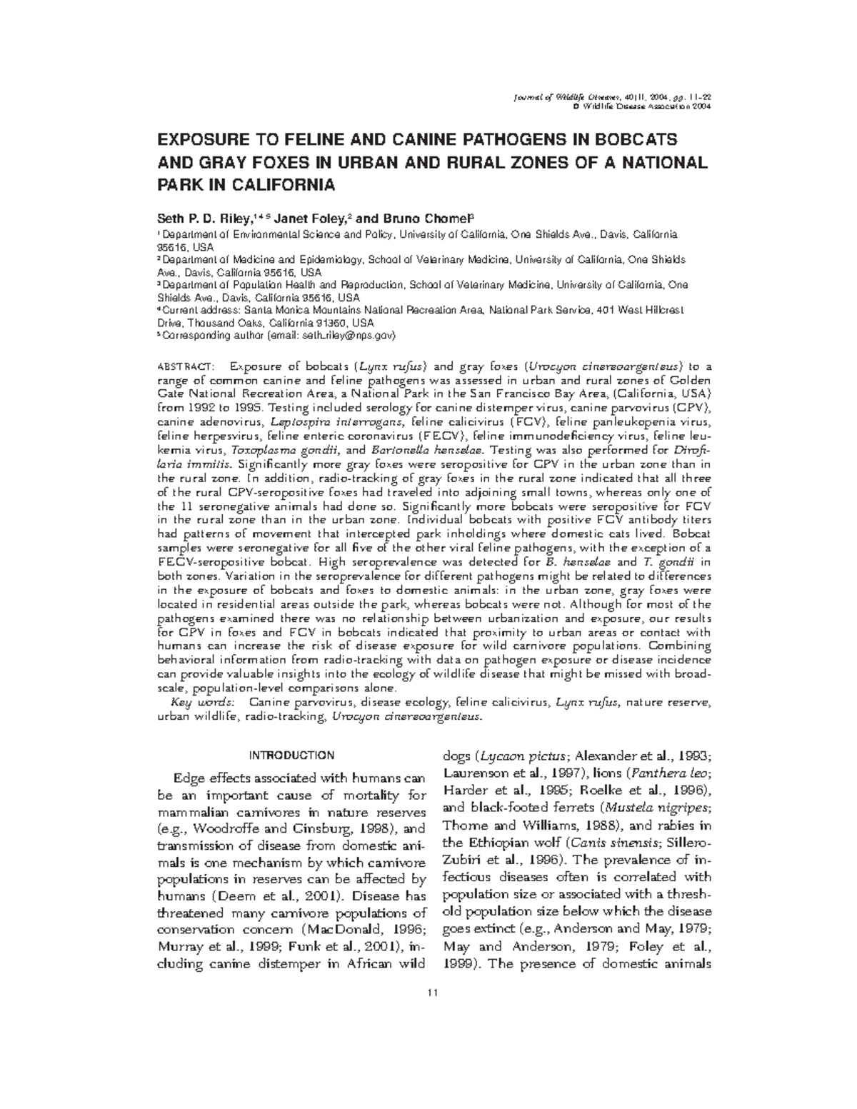 Exposure TO Feline AND Canine Pathogens - 11 Journal of Wildlife ...