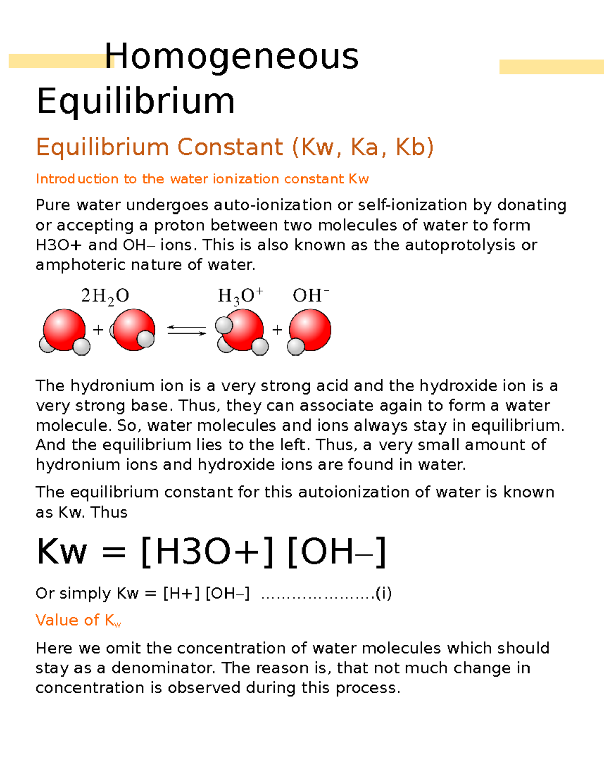 Chem homogeneous - Homogeneous Equilibrium Equilibrium Constant (Kw, Ka ...