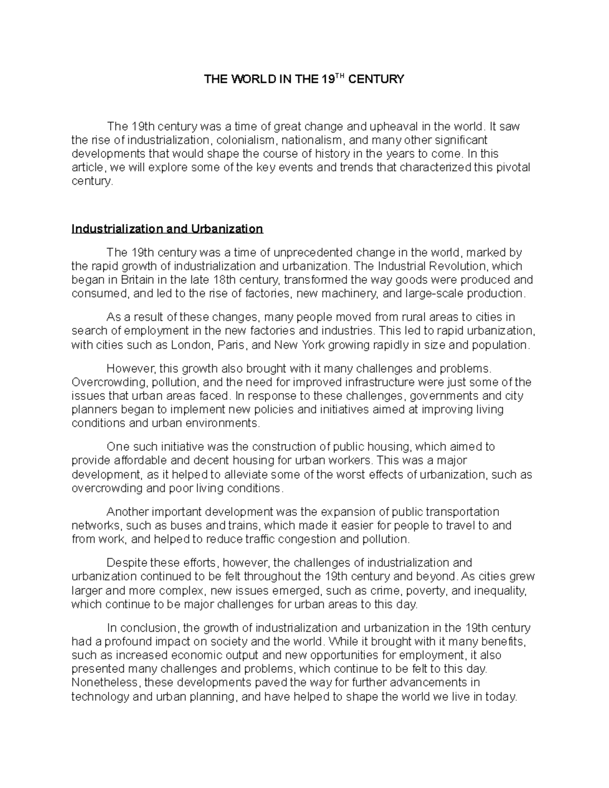 The World in the 19TH Century - THE WORLD IN THE 19TH CENTURY The 19th ...