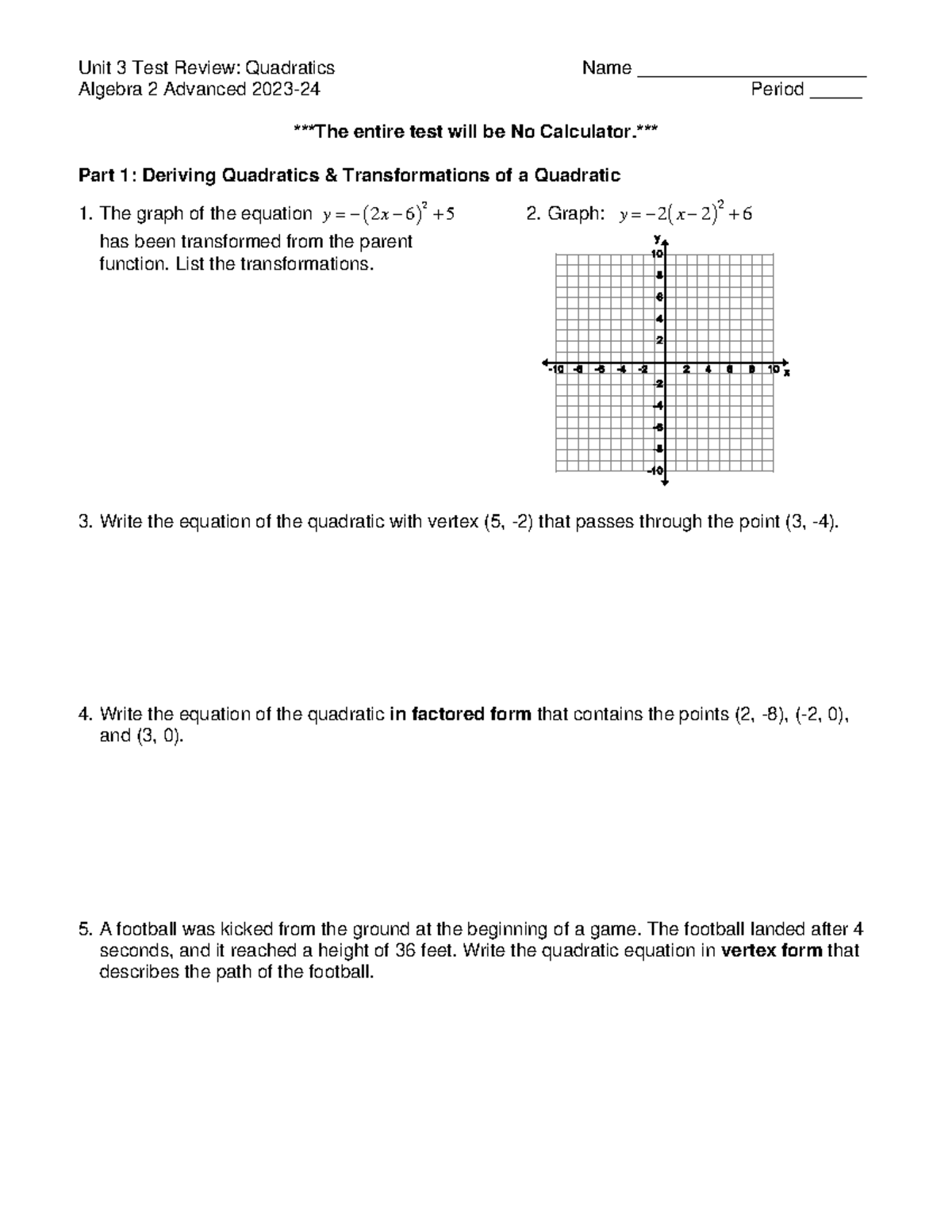 Unit 3 Review - Quadratics 2023-24 - Unit 3 Test Review: Quadratics ...