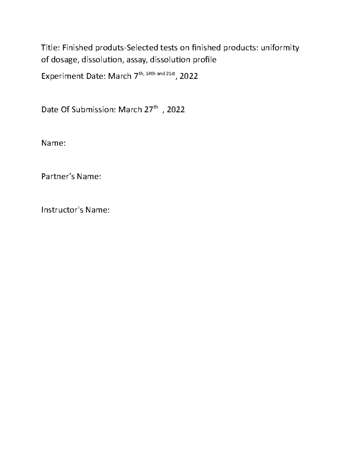 Lab 5 Report PHRM 3131 - Finished productss-Selected tests on finished ...