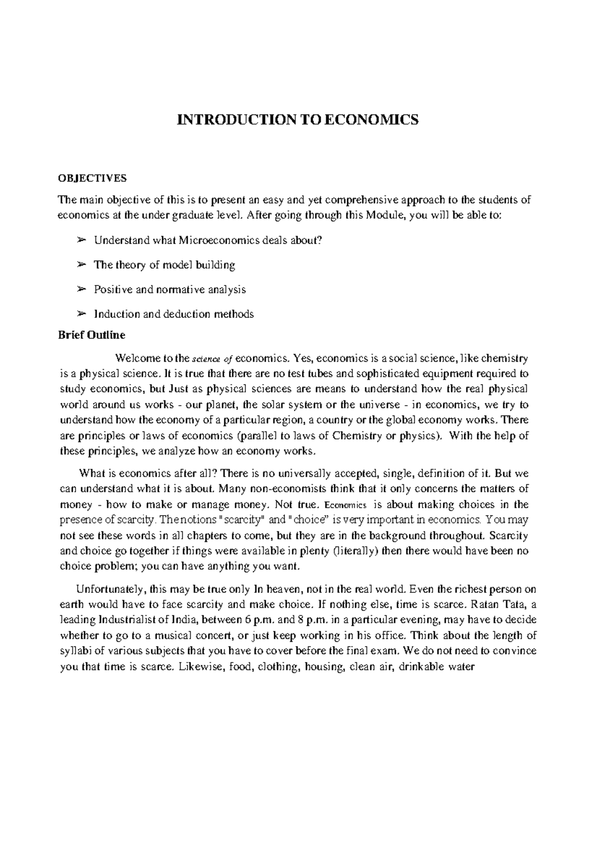 INTRODUTION TO ECONOMICS SEM1 - INTRODUCTION TO ECONOMICS OBJECTIVES ...