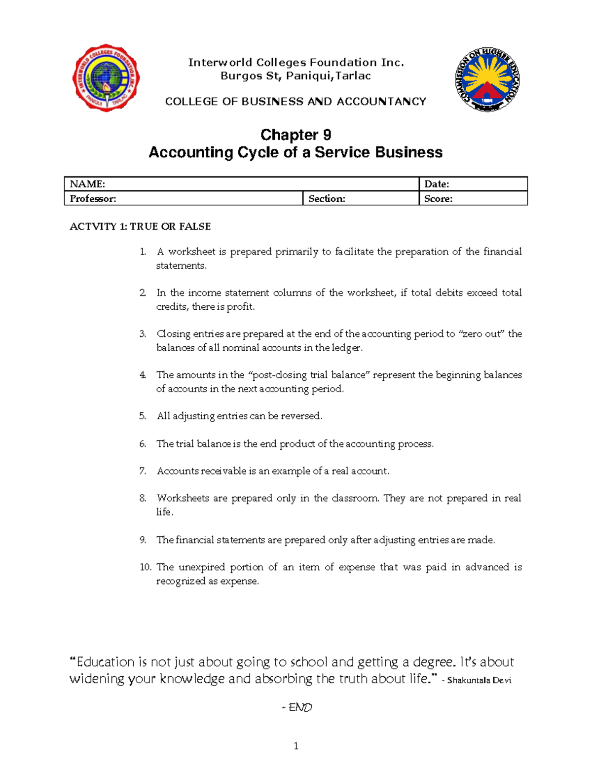 266jukw87 Activity Chapter 9 Acctg Cycle OF A Service Business - 1 ...