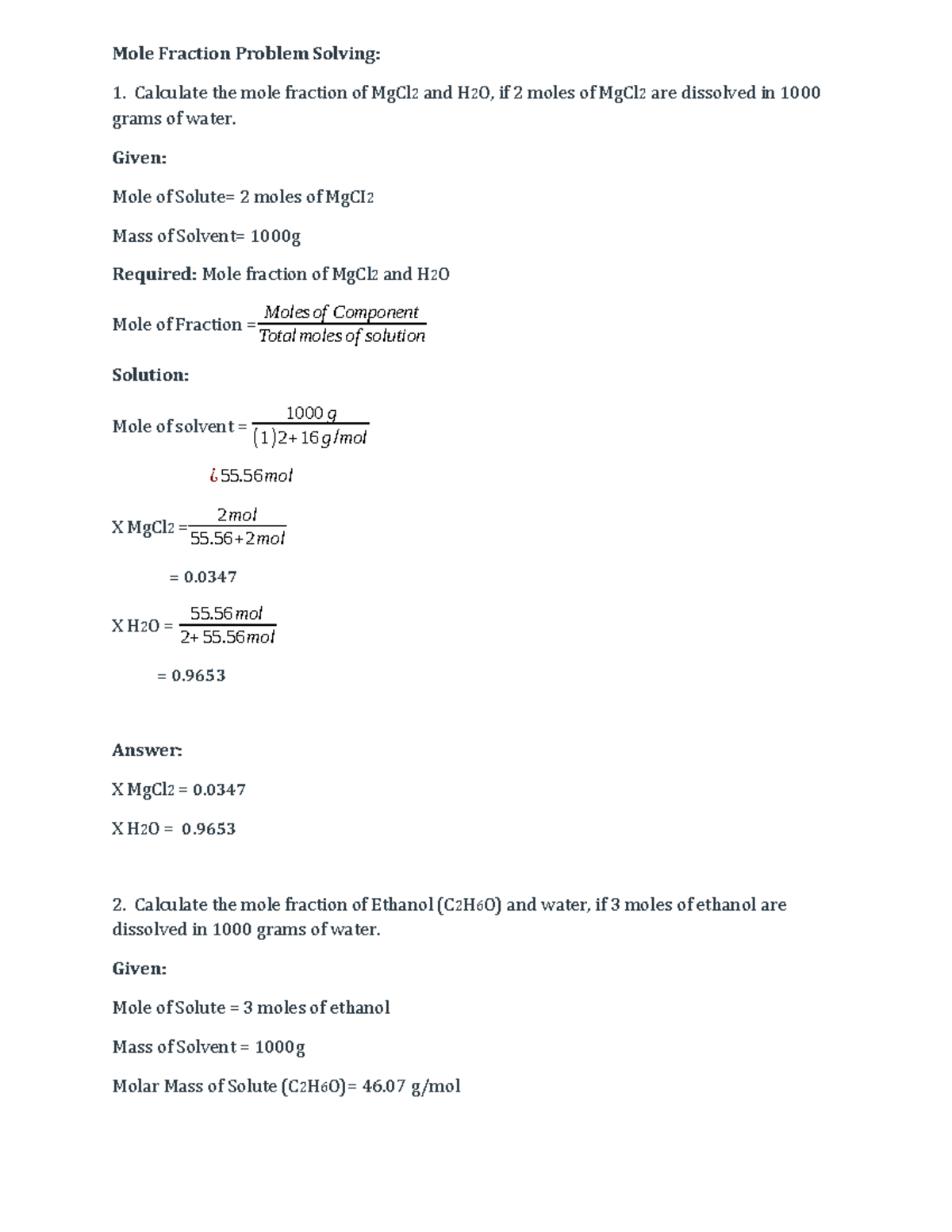 MOLE Fraction - Mole Fraction Problem Solving: Calculate the mole fraction of MgCl 2 and H 2 O ...