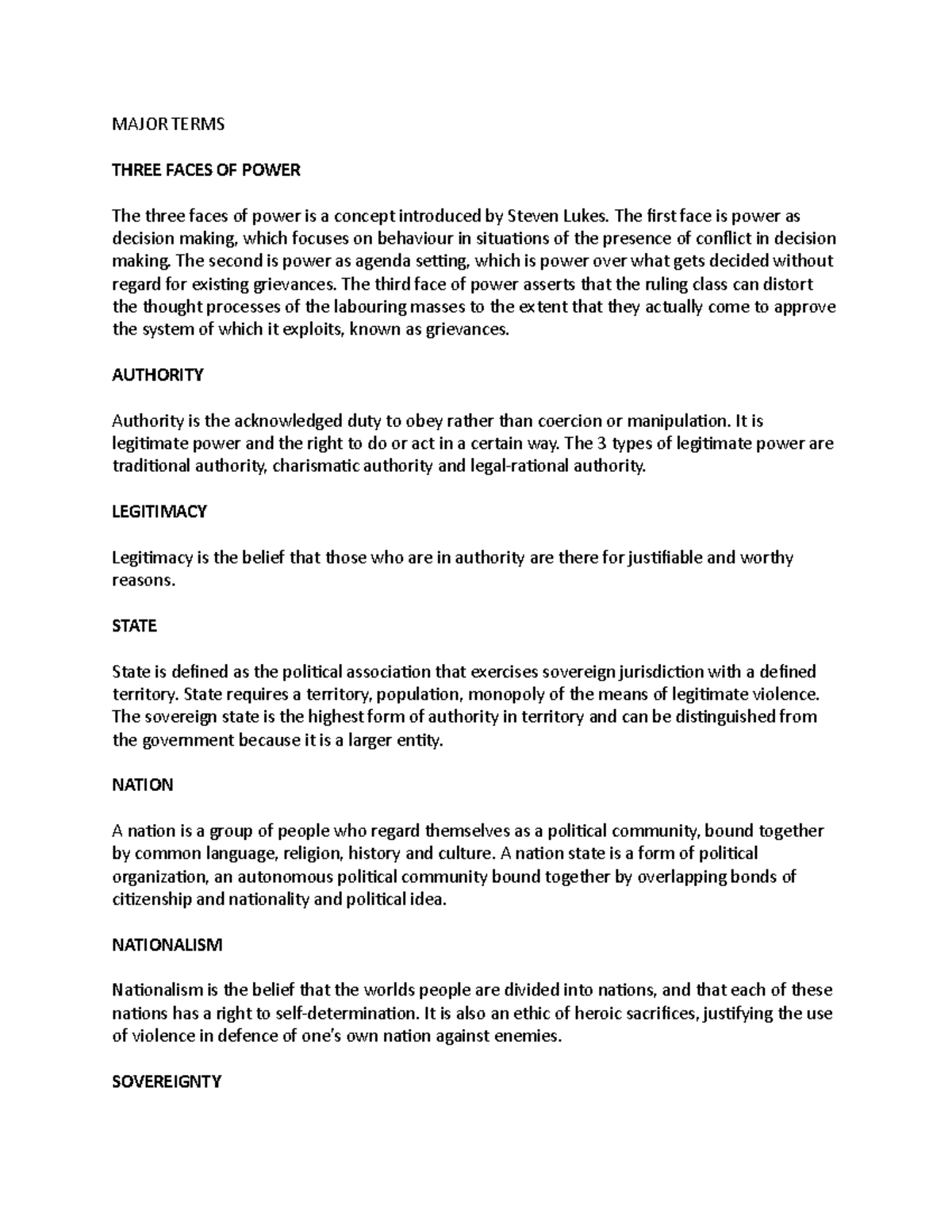 Major Terms for Exam - MAJOR TERMS THREE FACES OF POWER The three faces ...