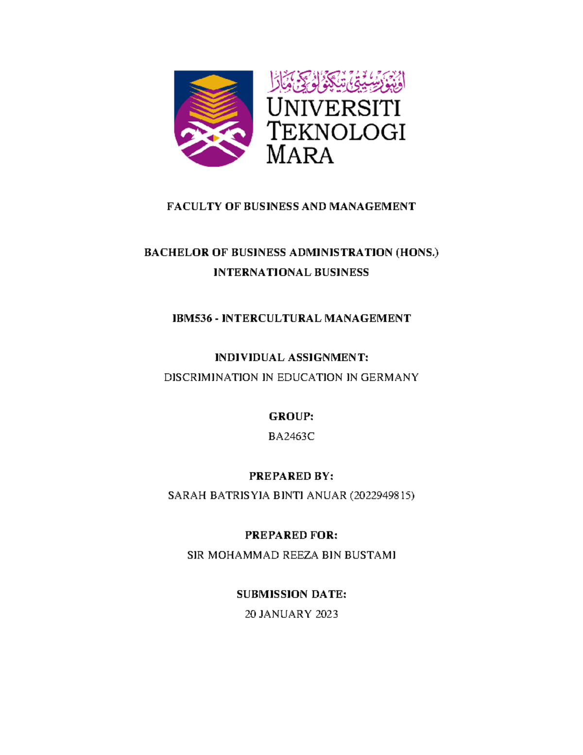 IBM536 Individual Assignment - FACULTY OF BUSINESS AND MANAGEMENT ...
