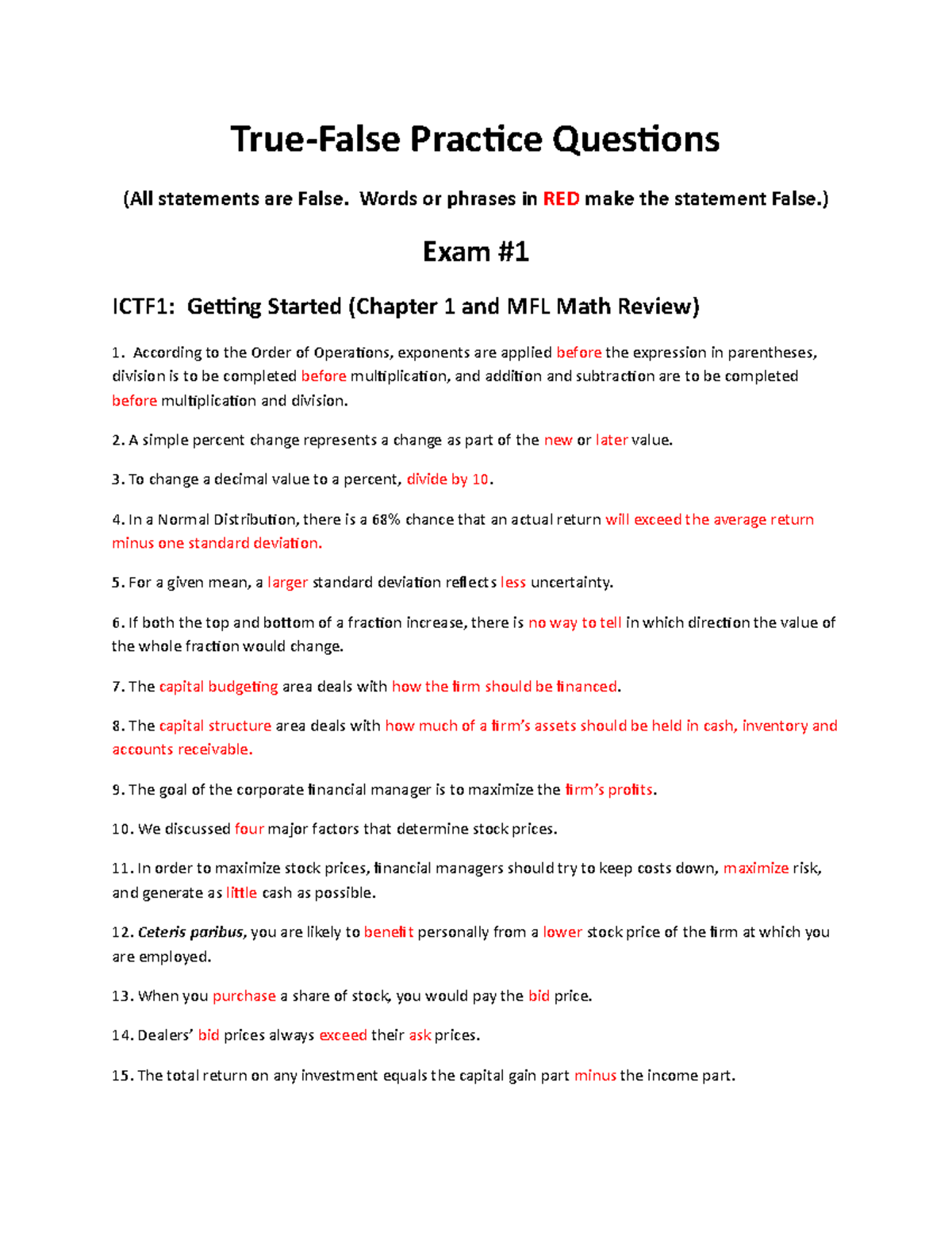 In-Class True False Practice Questions Fall 2017 - Practice Questions ...