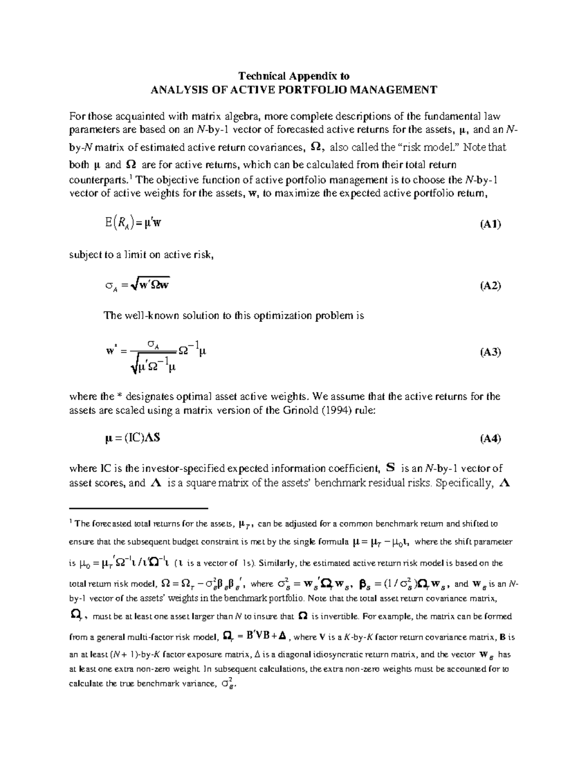 Technical append to analysis of active portfolio mgmt - Technical ...