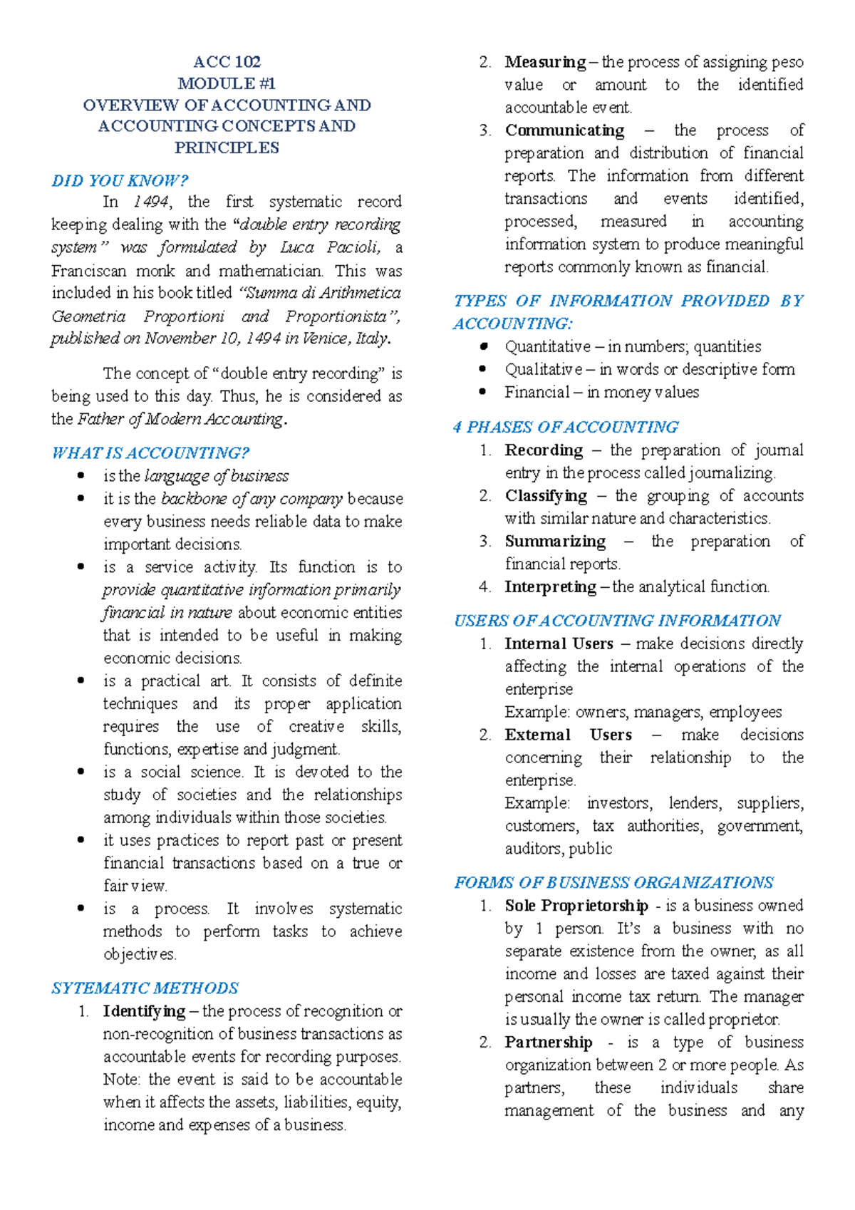 ACC 102 Modules - Learn!!! - ACC 102 MODULE OVERVIEW OF ACCOUNTING AND ...
