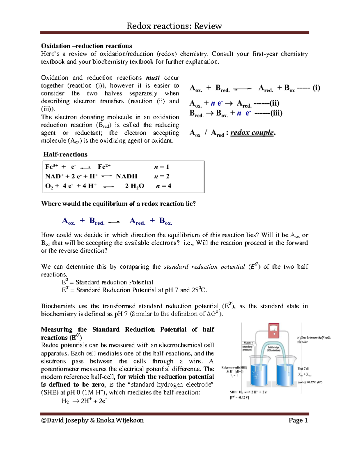 Redox reactionsssss sssss - Redox reactions: Review ©David Josephy & Enoka Wijekoon Page 1 - Studocu