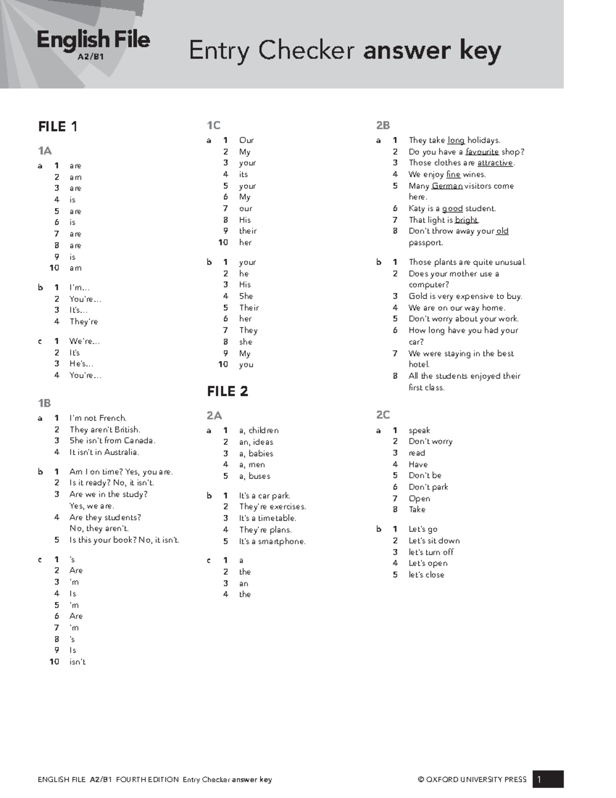 English file answer key - FILE 1 1A a 1 are 2 am 3 are 4 is 5 are 6 is ...