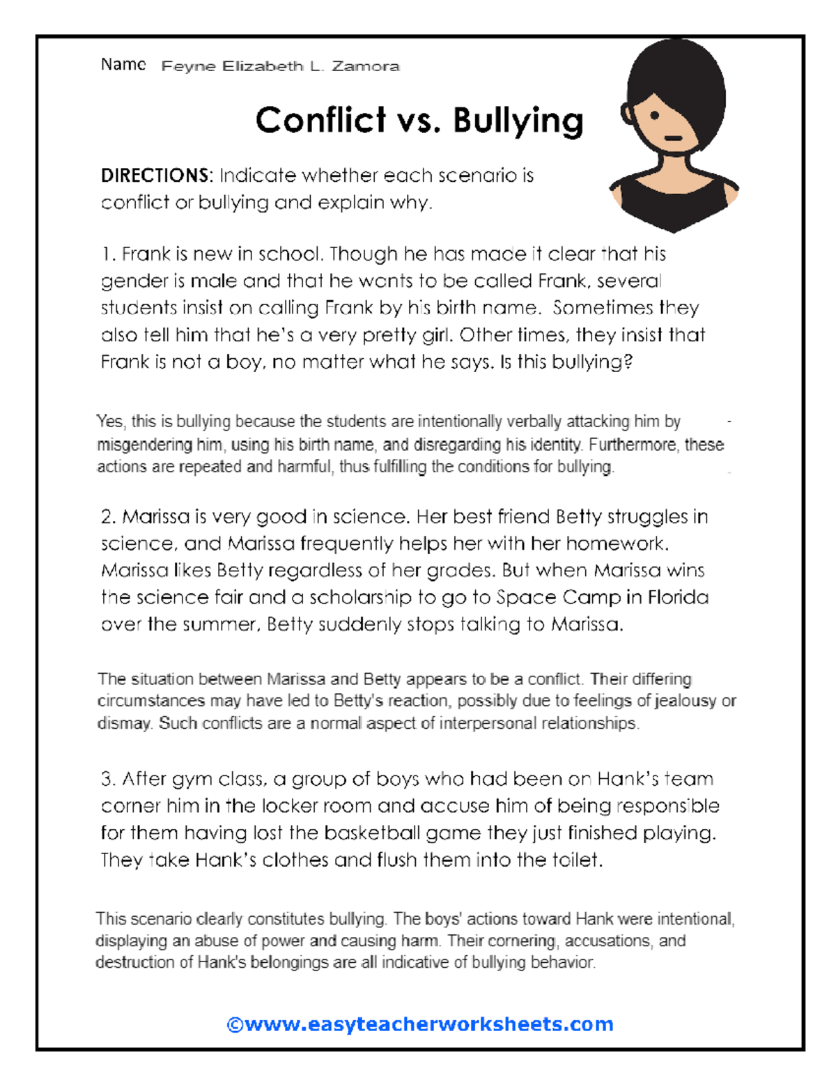 Conflict vs Bullying - Name Feyne Elizabeth L. Zamora Conflict vs ...