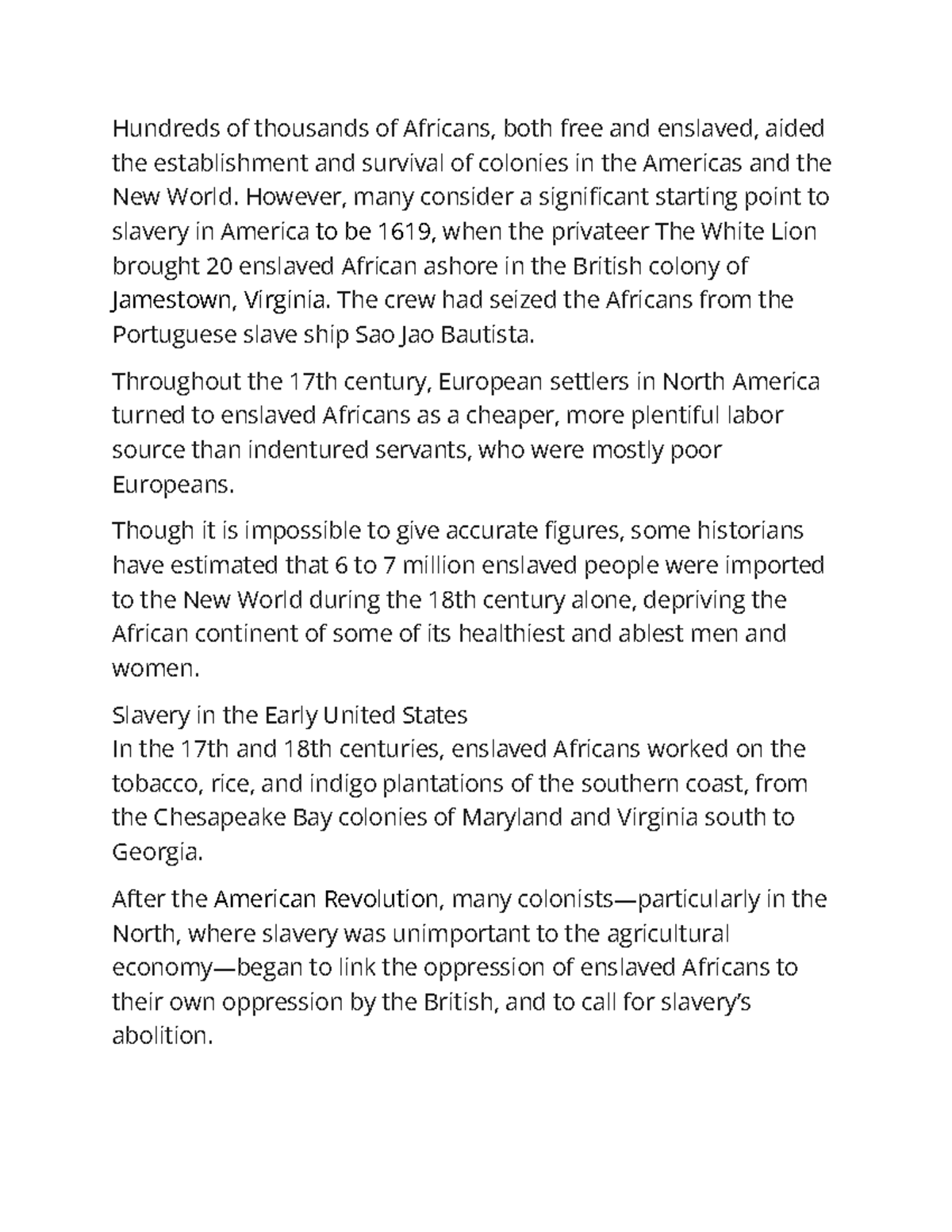 U.S Slavery - Lecture Notes - Hundreds of thousands of Africans, both ...