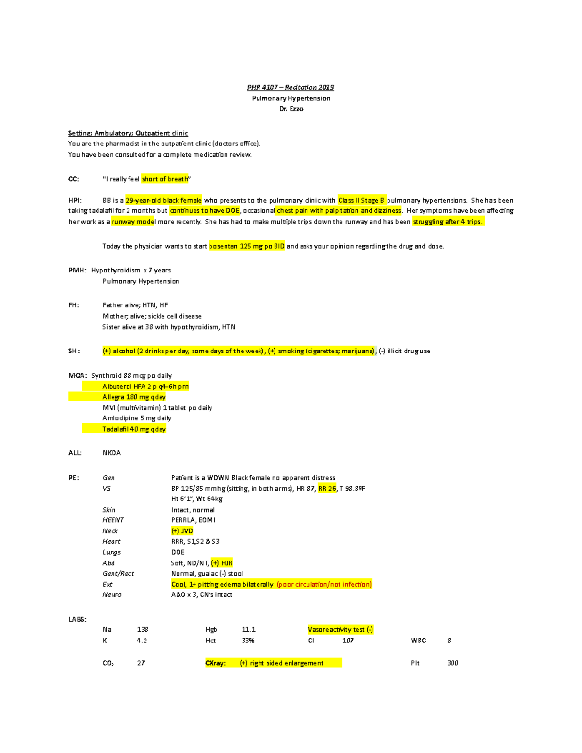 Pulmonary Arterial Hypertension Case - PHR 4107 – Recitation 2019 ...