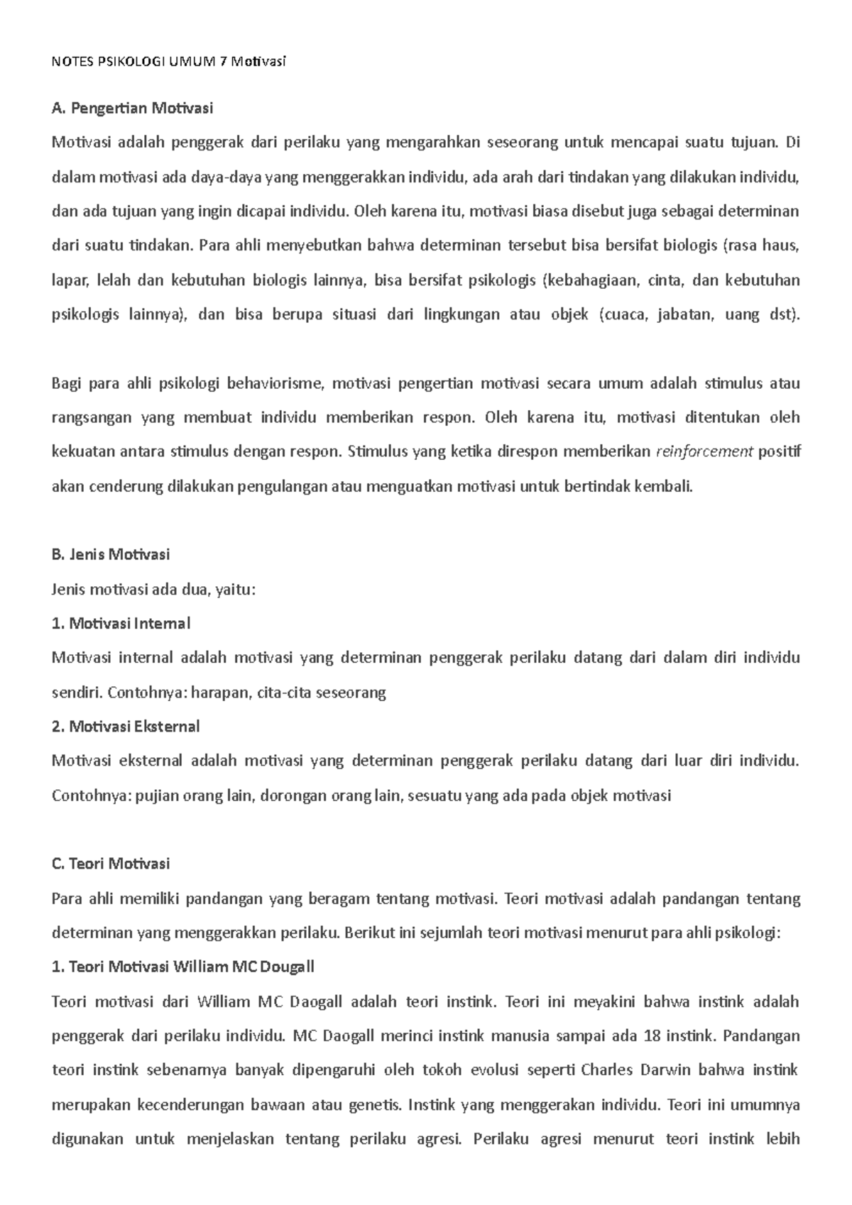 Notes Psikologi UMUM 7 Motivasi - NOTES PSIKOLOGI UMUM 7 Motivasi A ...