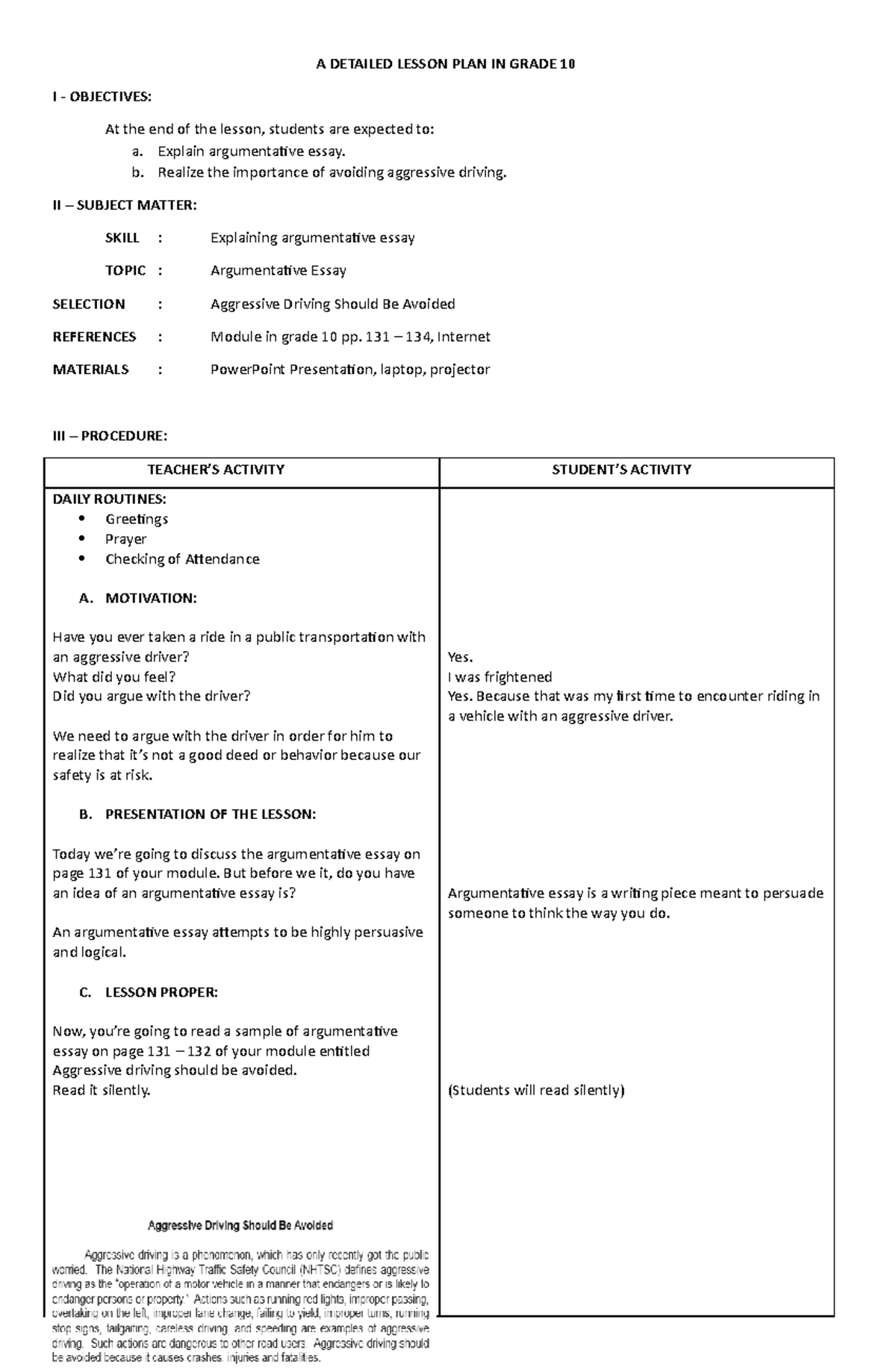 A Detailed Lesson PLAN IN Grade 10 A DETAILED LESSON PLAN IN GRADE 10