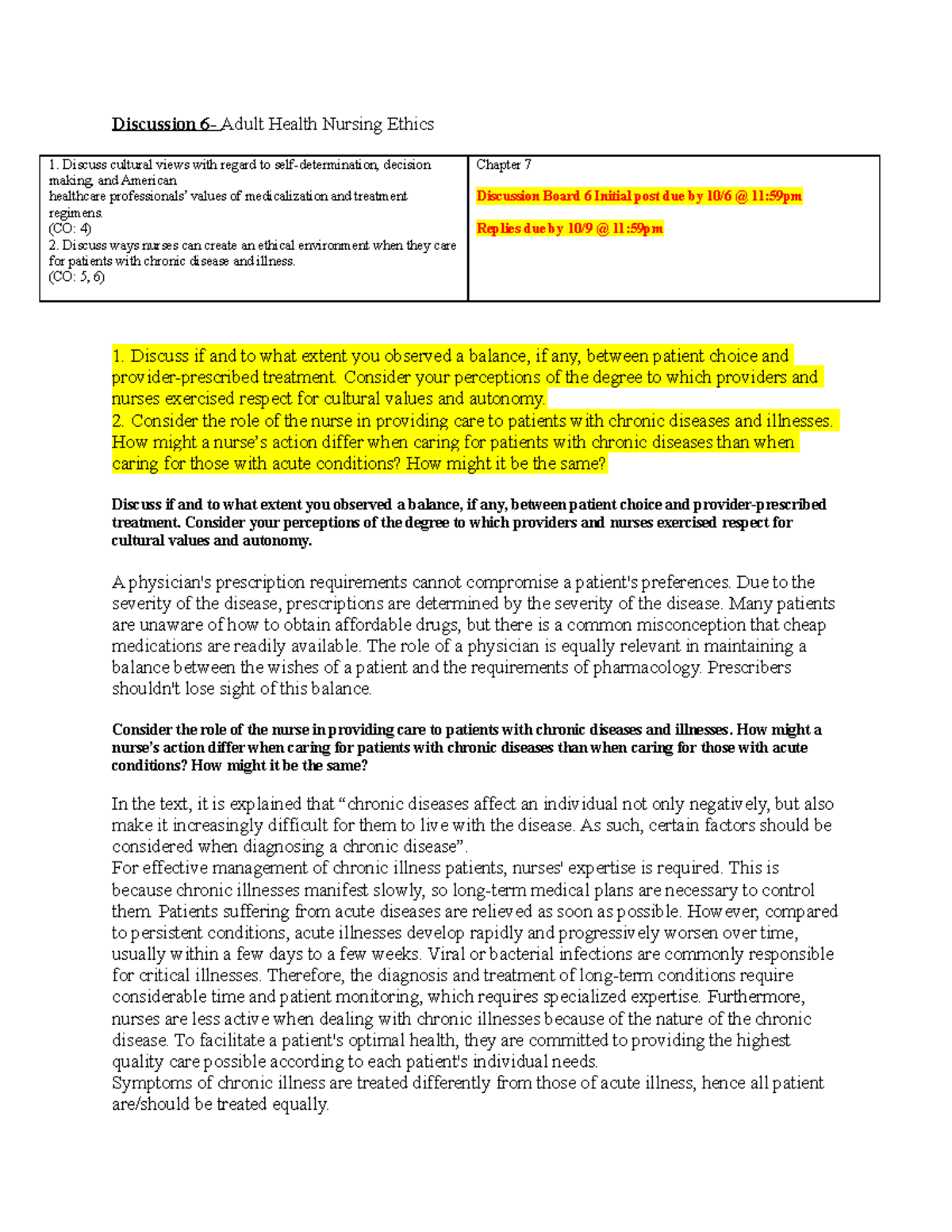 Discussion 6- ethics - Discussion 6- Adult Health Nursing Ethics ...