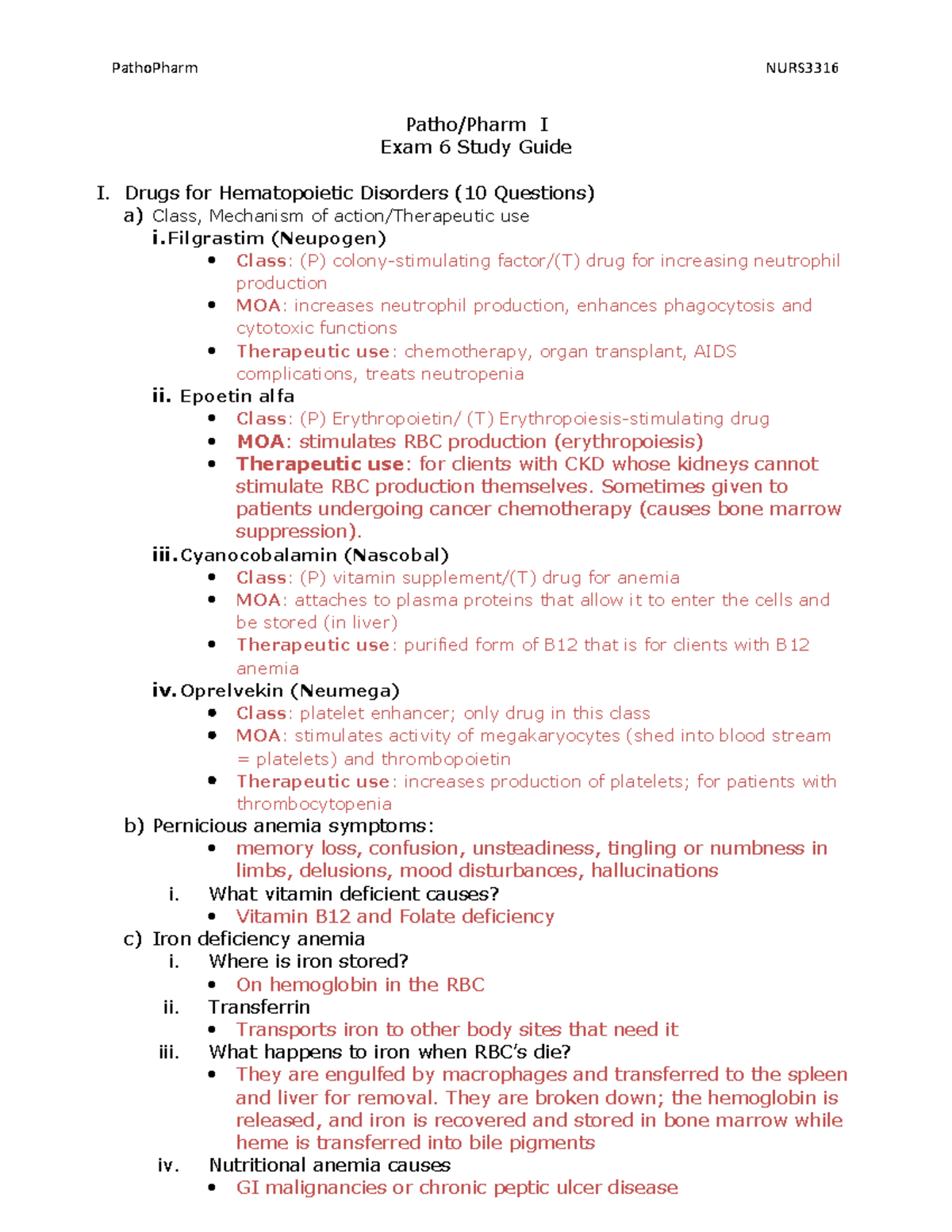 Exam 6 Study Guide - PathoPharm NURS Patho/Pharm I Exam 6 Study Guide I ...