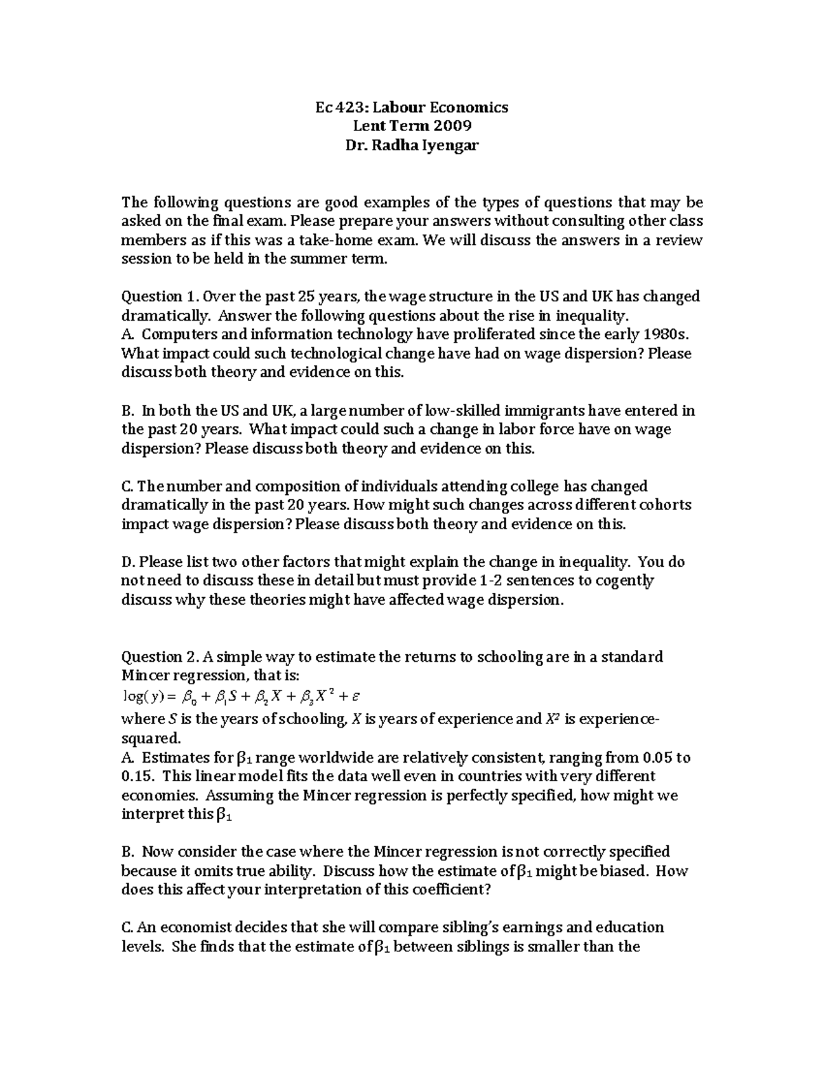 Exam 2010, questions - Ec 423: Labour Economics Lent Term 2009 Dr ...