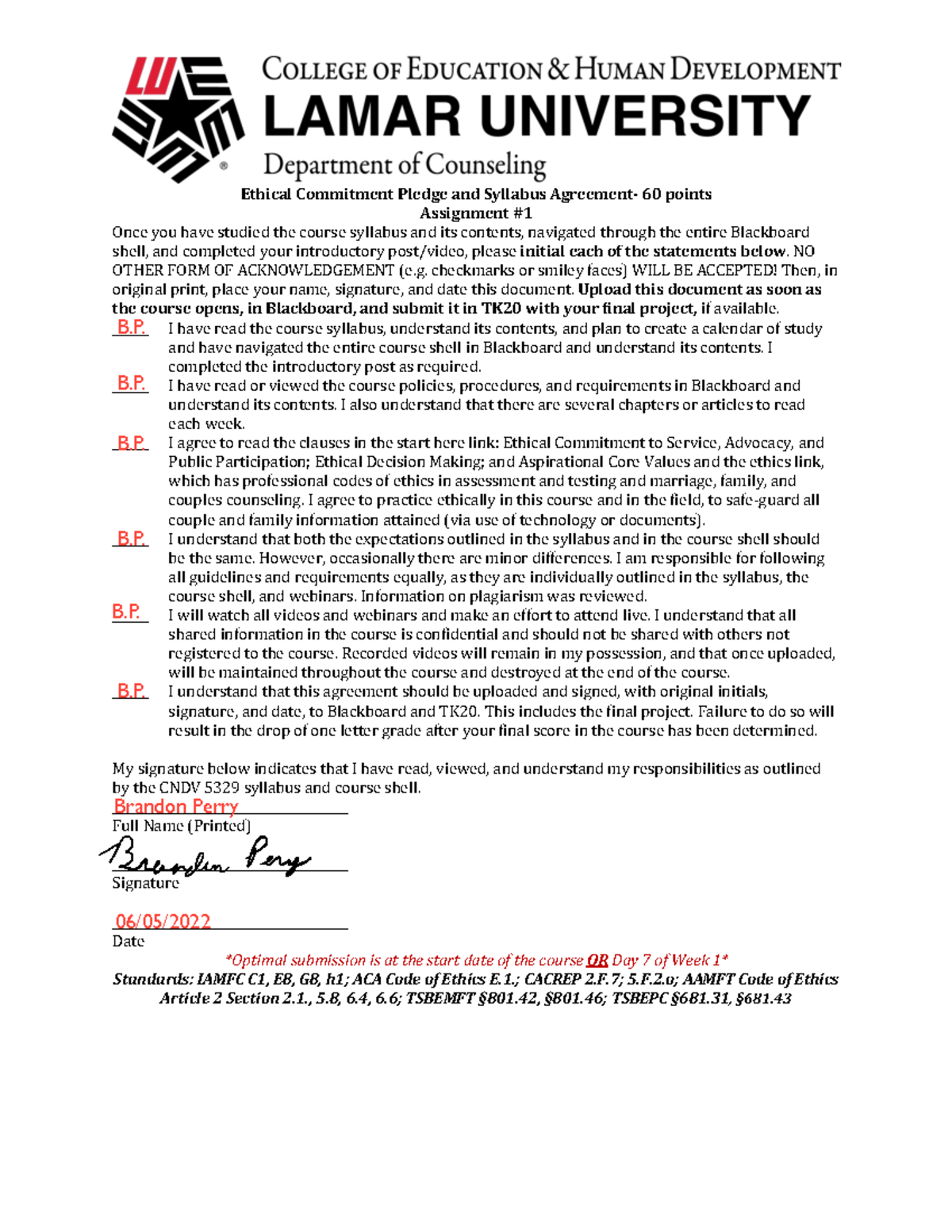 Ethical Commitment Pledge and Syllabus Agreement- 60 points Assignment ...