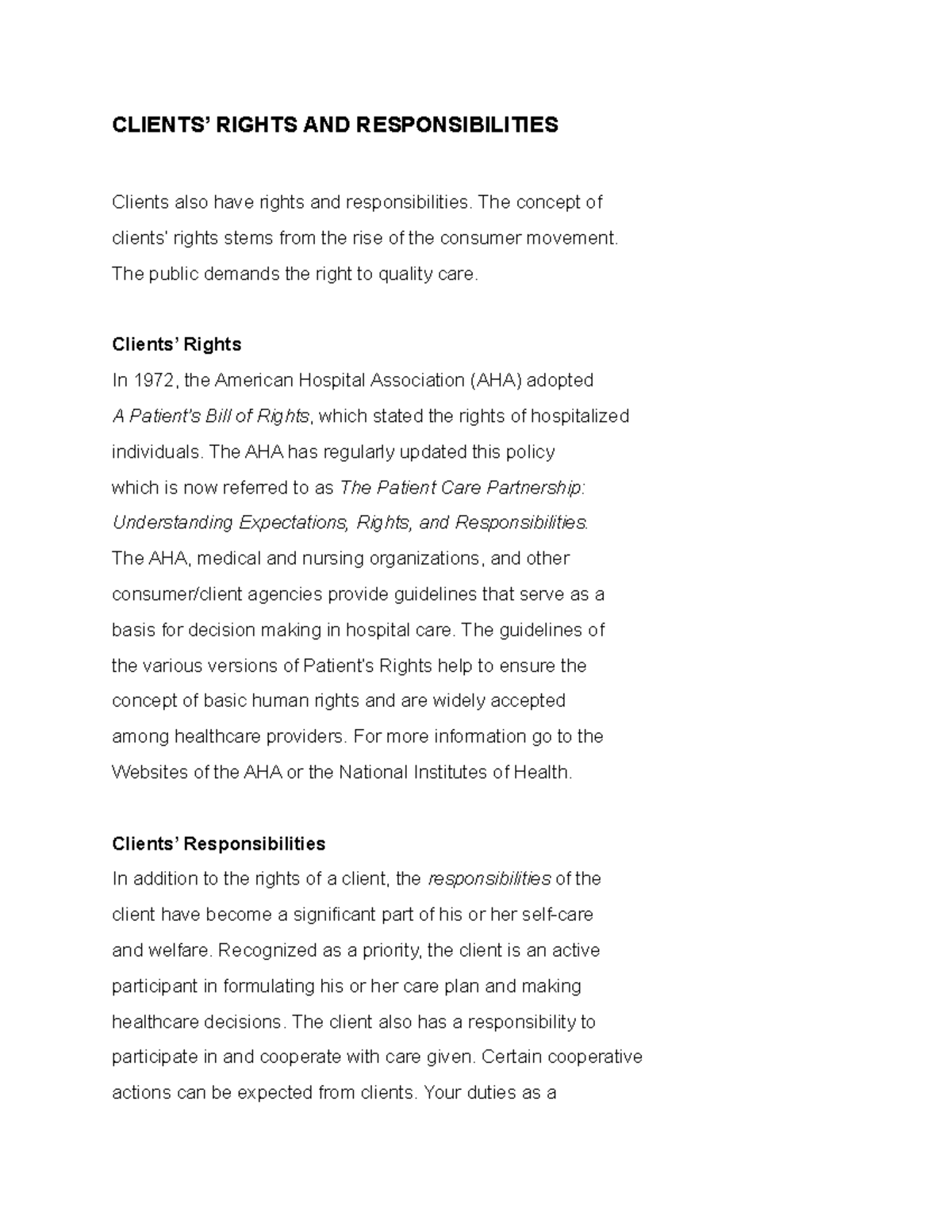 Clients Rights AND Responsibilities - CLIENTS’ RIGHTS AND ...