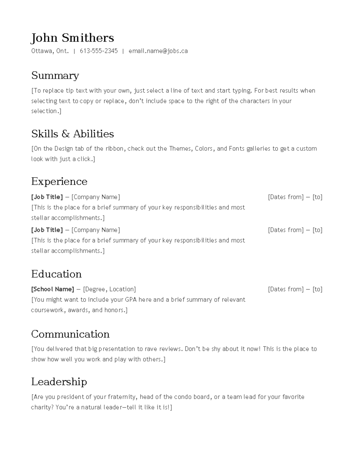 Simple Resume Template (Chronological) - John Smithers Ottawa, Ont ...