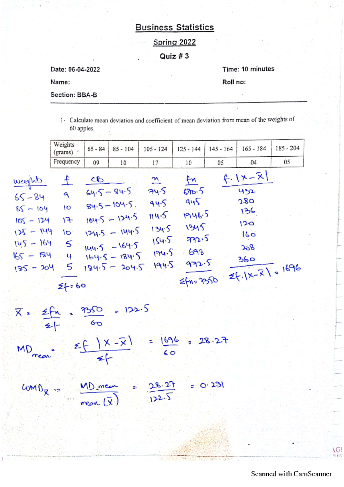 Quiz#3 BBA-B Solution - Probability and statitics - FAST - Studocu