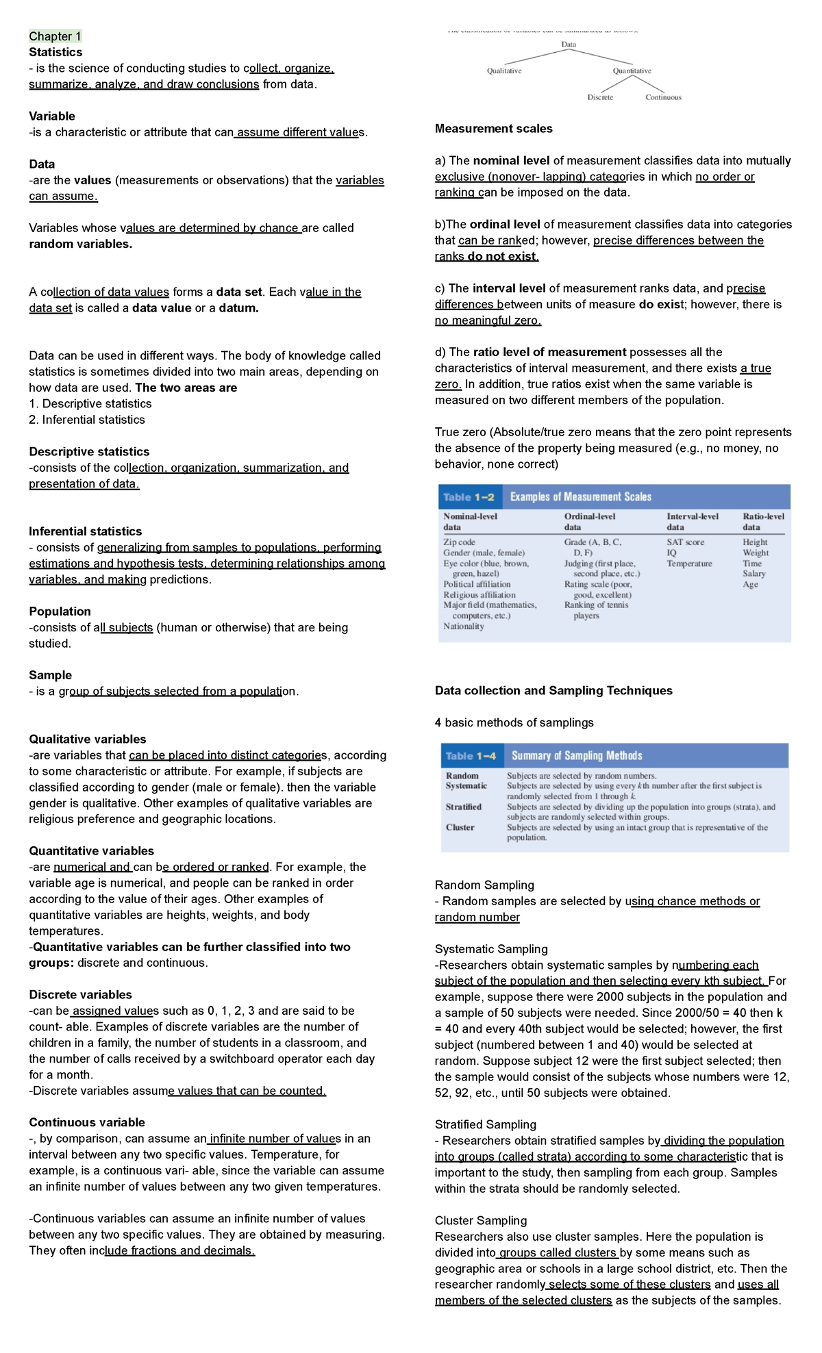 Statistics - NOTES - Chapter 1 Statistics is the science of conducting ...