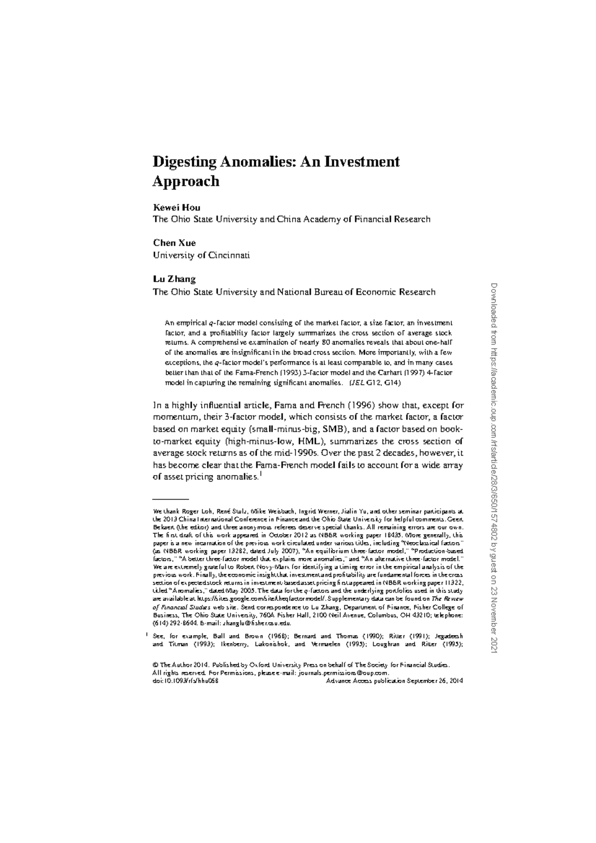 HXZ - paper - Digesting Anomalies: An Investment Approach Kewei Hou The ...