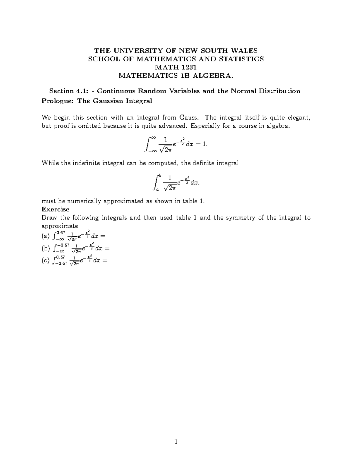 Section 4 Part 2 - The Normal Distribution - THE UNIVERSITY OF NEW SOUTH WALES SCHOOL OF ...