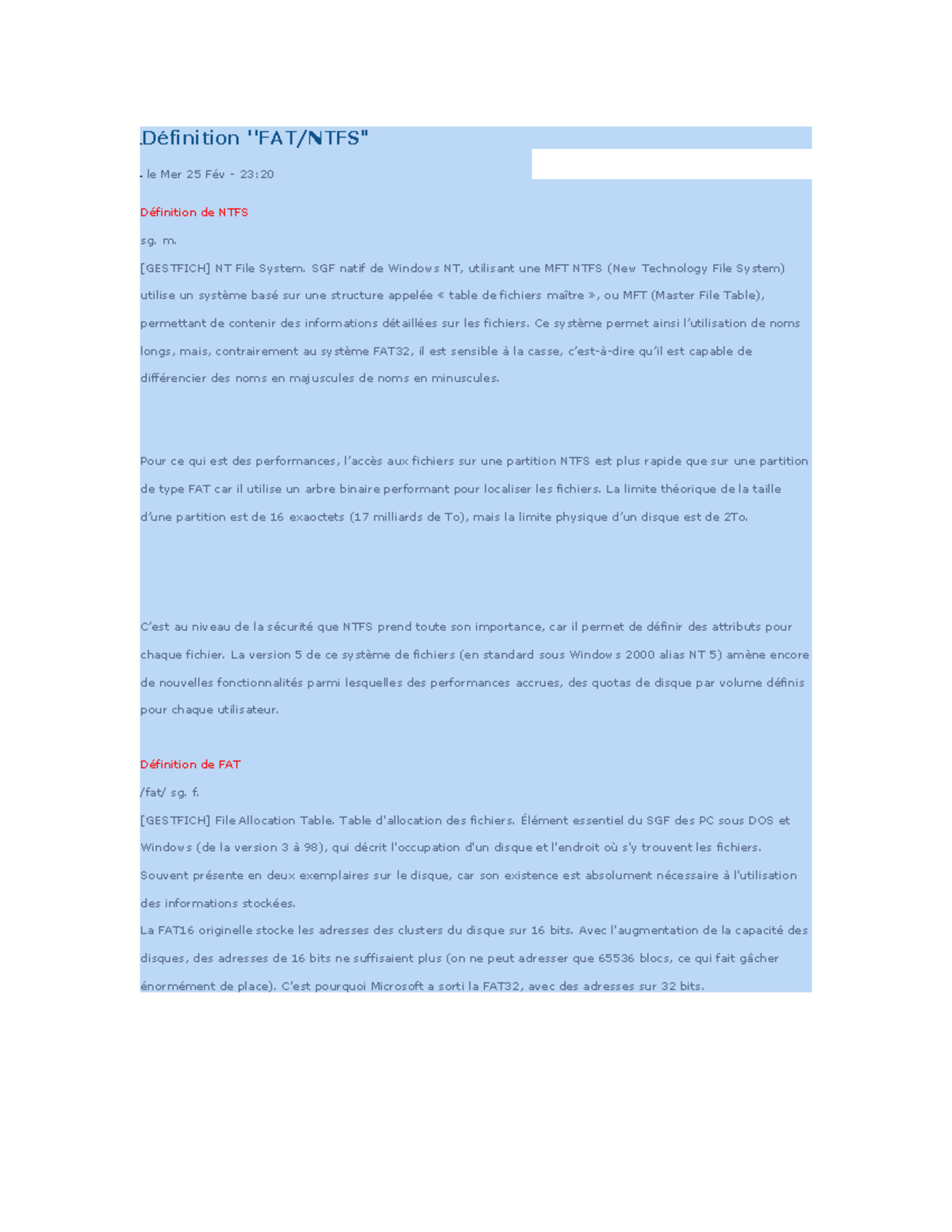 Ntfs - NTFS - Définition ''FAT/NTFS" le Mer 25 Fév - 23: Définition de ...