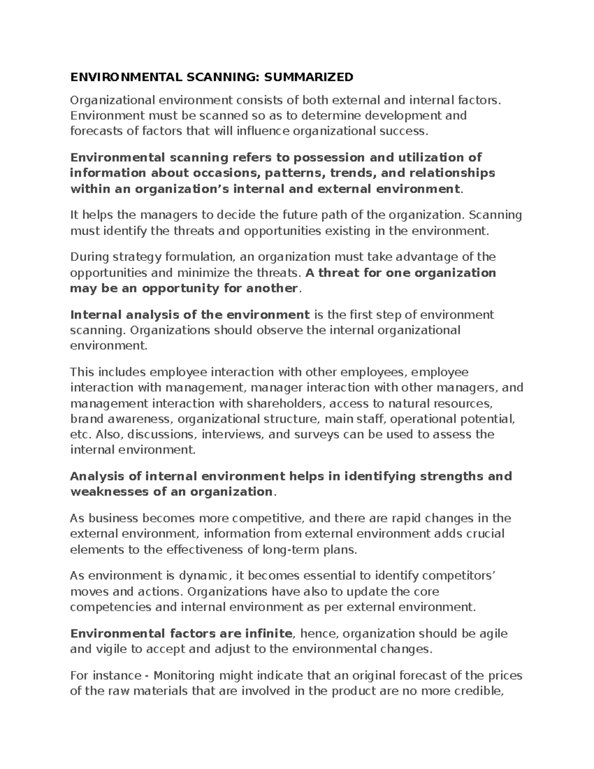 Environmental Scanning - ENVIRONMENTAL SCANNING: SUMMARIZED ...