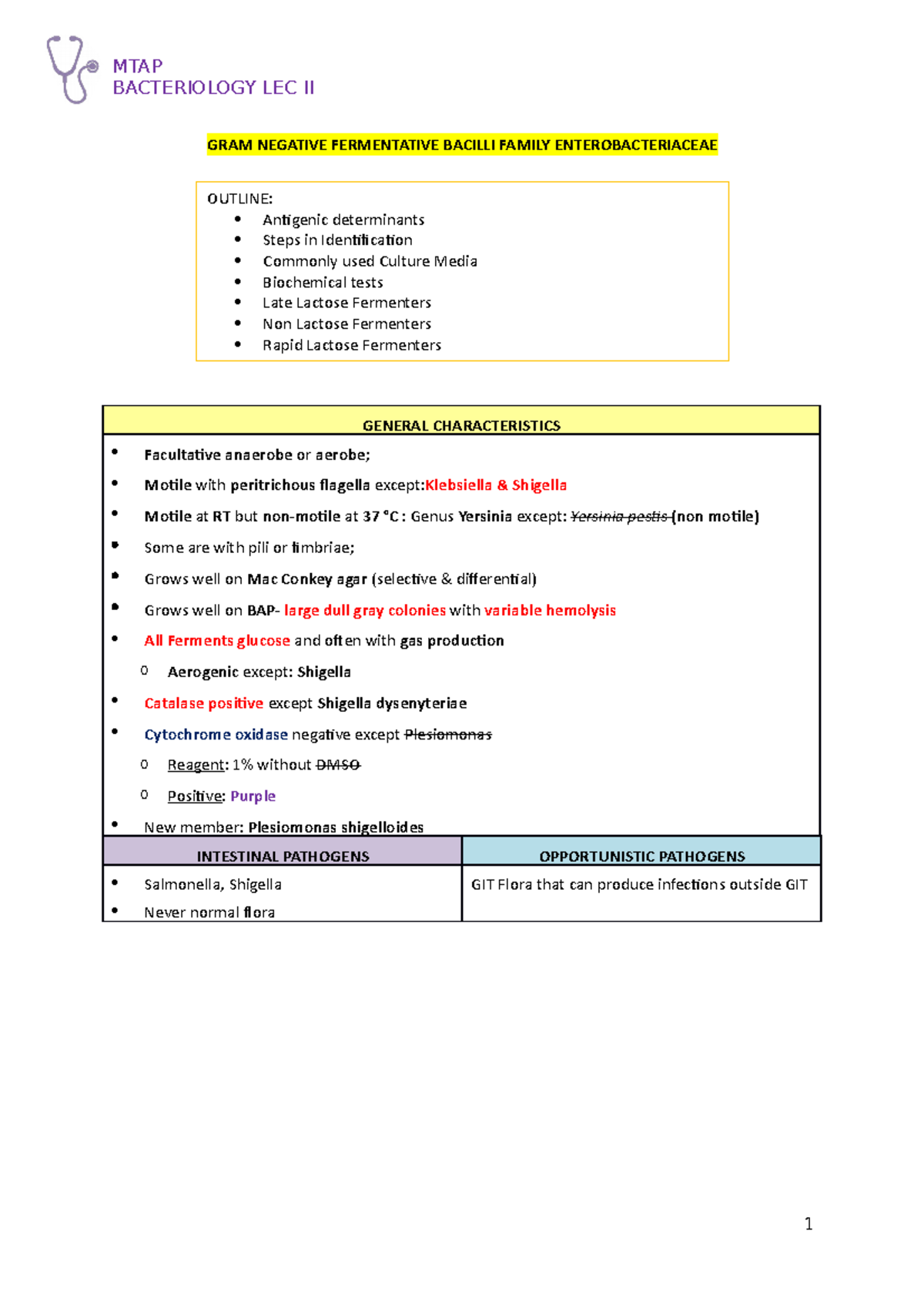 Bacteriology Enterobacteriaceae and associated Tests - BACTERIOLOGY LEC ...