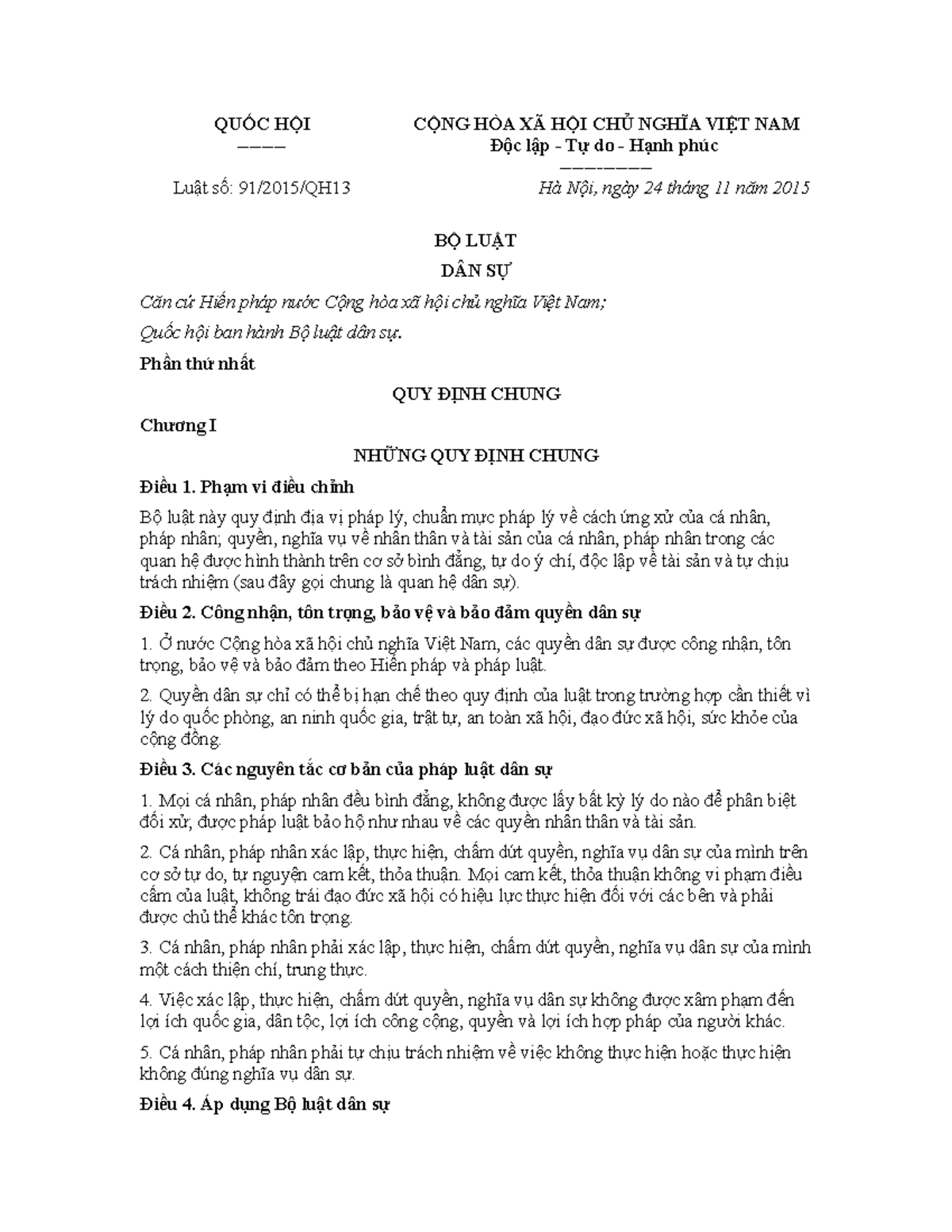 Bộ luật dân sự 2015 - Bộ luật dân sự 2015 - QUỐC HỘI - CỘNG HÒA XÃ HỘI ...