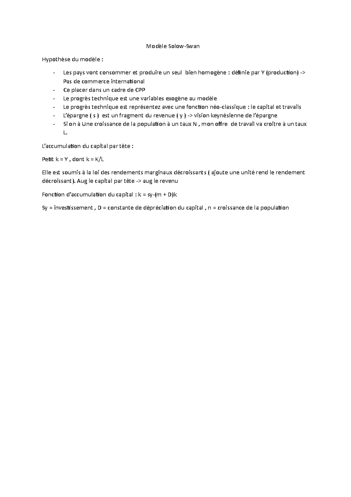 Modèle Solow swan économie de la croissance l3 - Modèle Solow-Swan ...