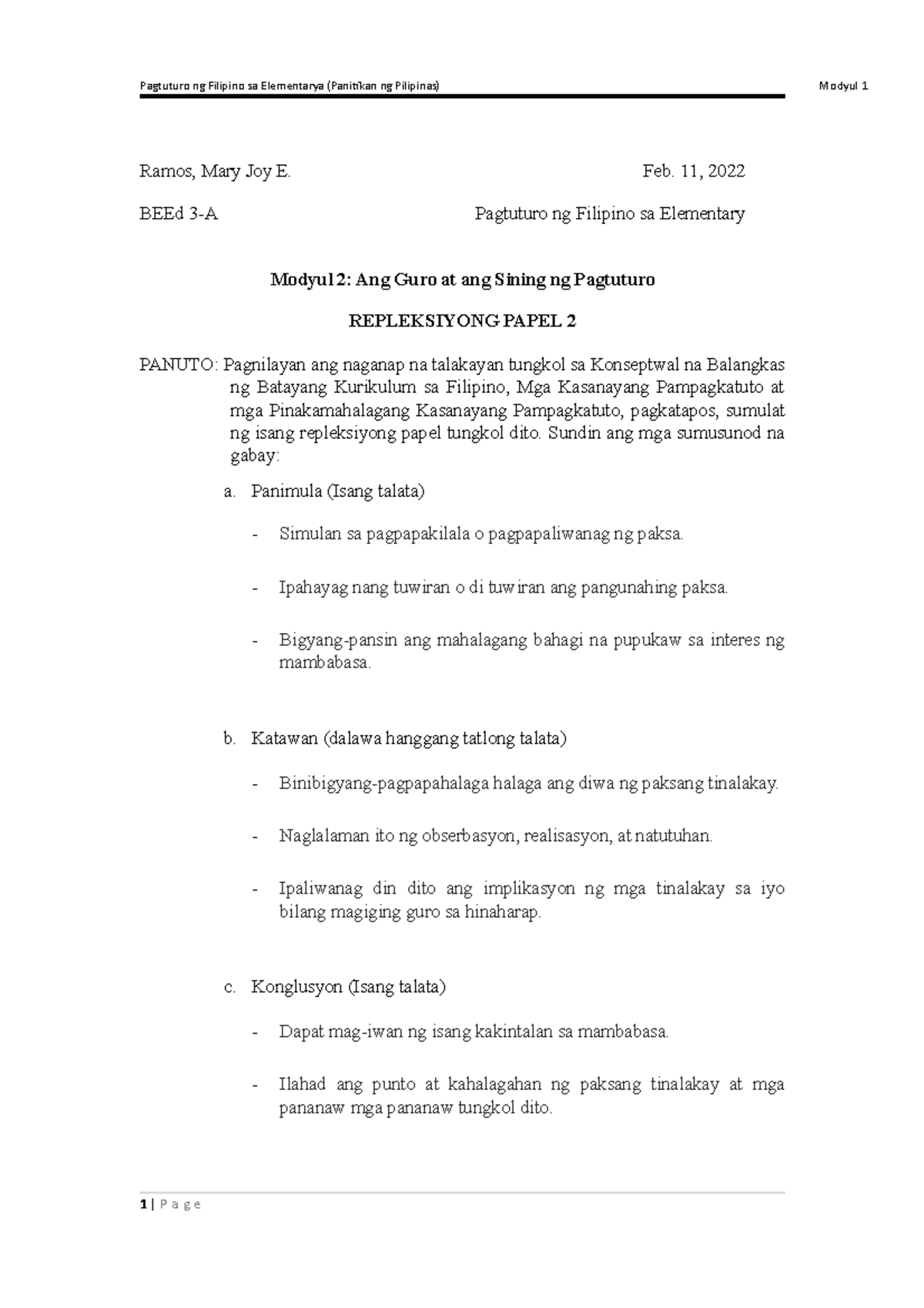 Repleksiyong papel 2. Ramos - Pagtuturo ng Filipino sa Elementarya ...
