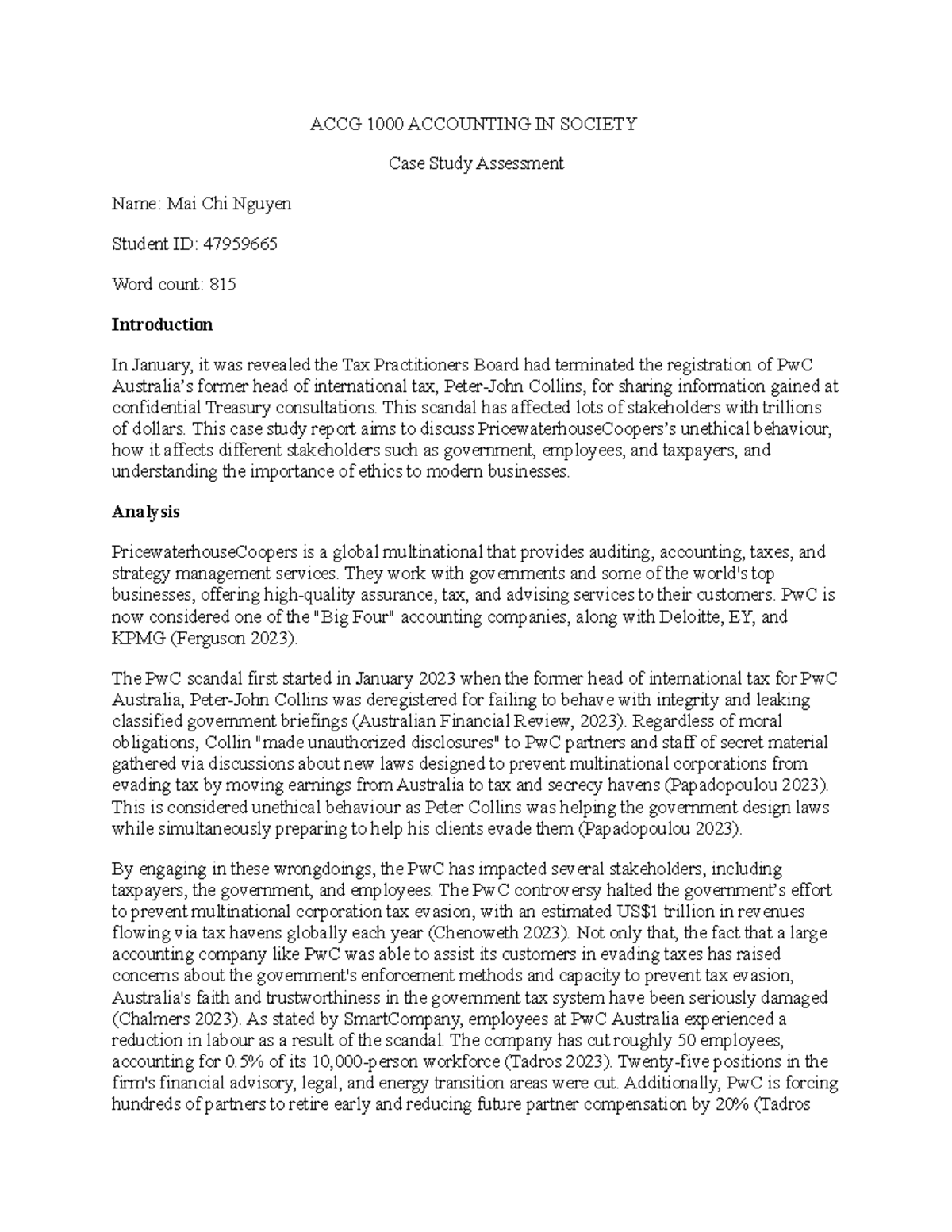 [ACCG 1000 CASE Study] - ACCG 1000 ACCOUNTING IN SOCIETY Case Study ...