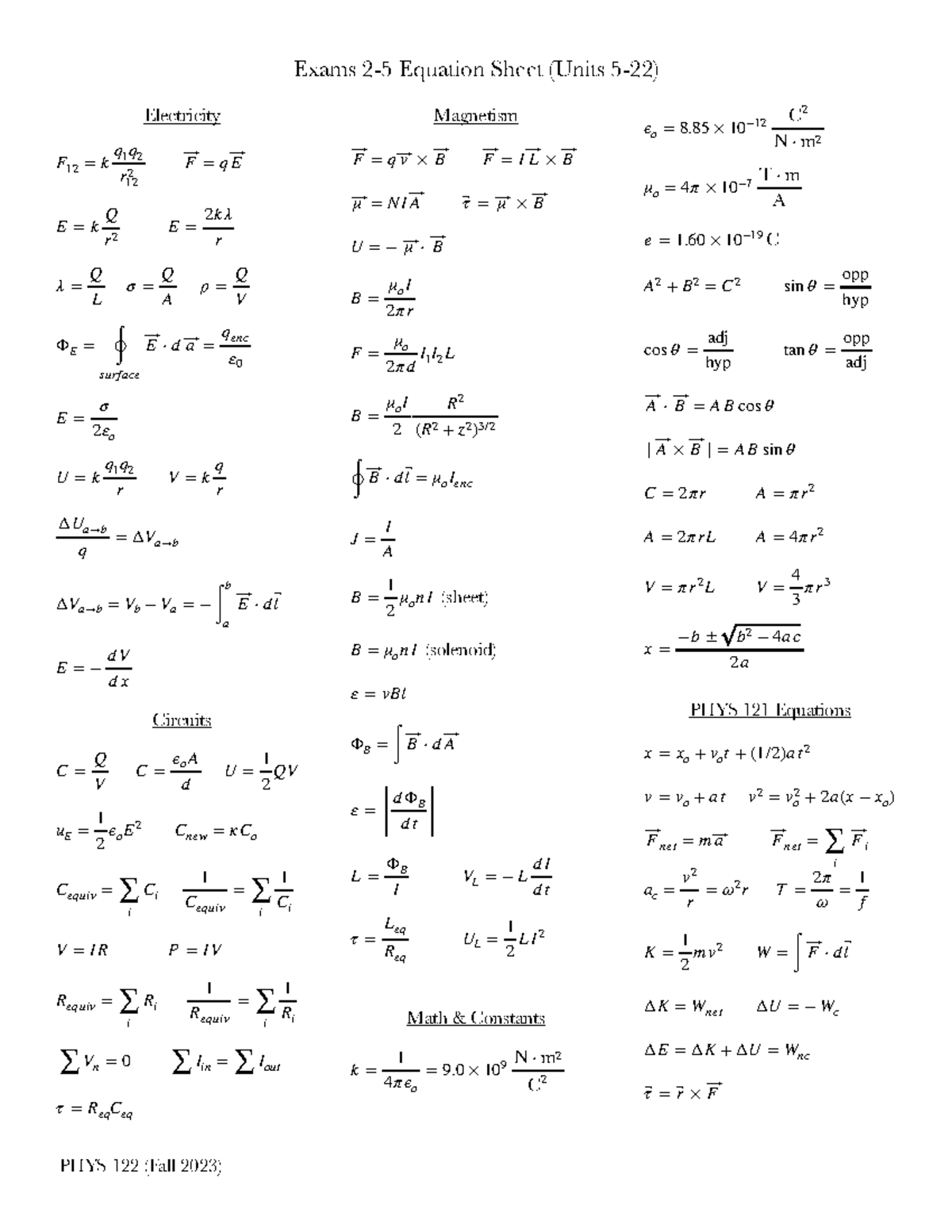 Exams 2-5 equation sheet - Studocu